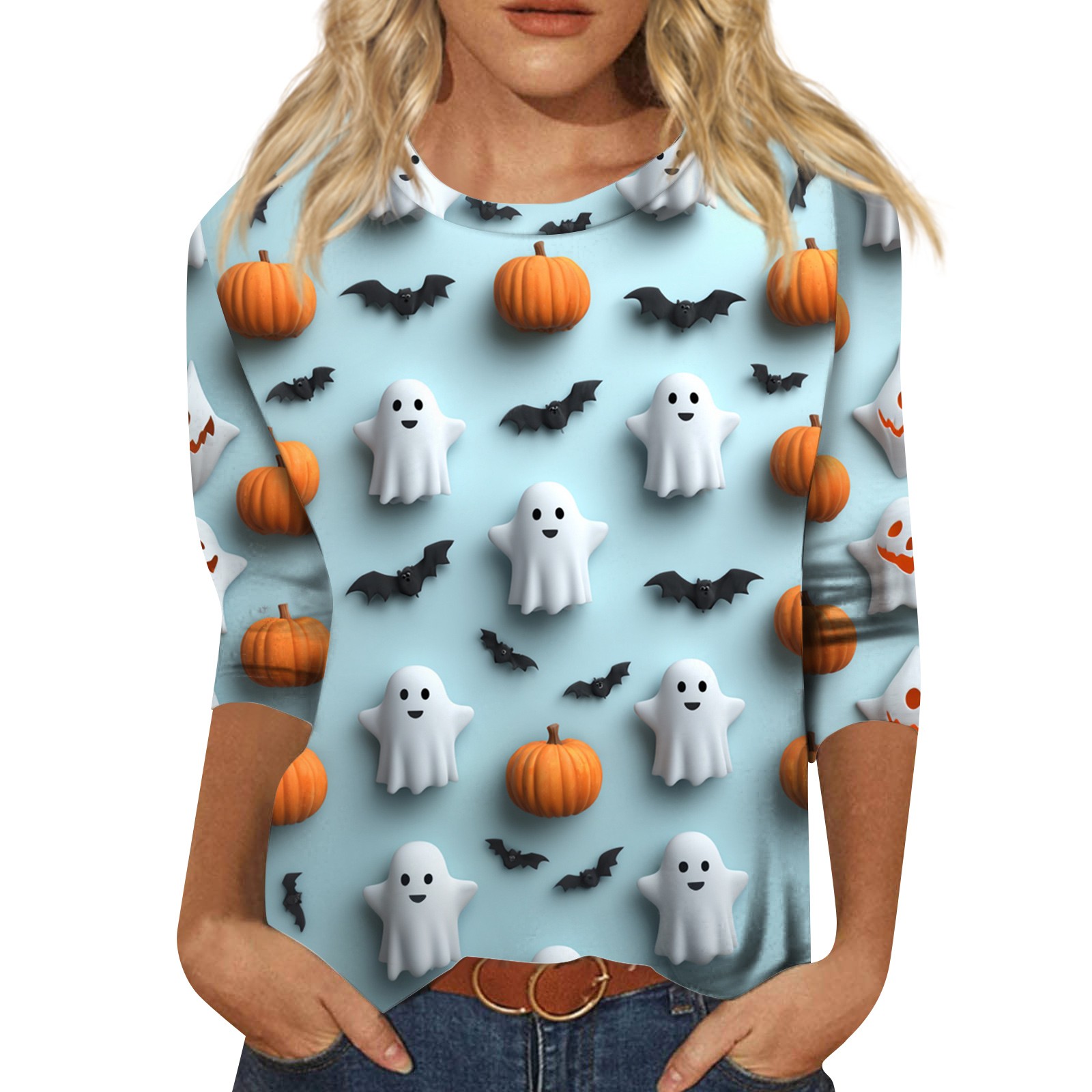 FrzhBrz Women's Halloween Tops 3/4 Sleeve Crew Neck Bat Pattern Tee ...