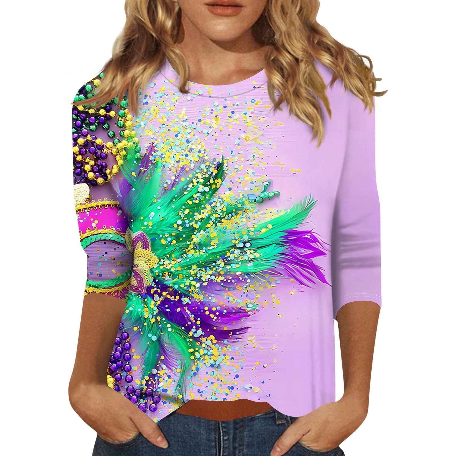 FrzhBrz Women's Mardi Gras Shirt 3/4 Sleeve Tops for Women Party Parade ...