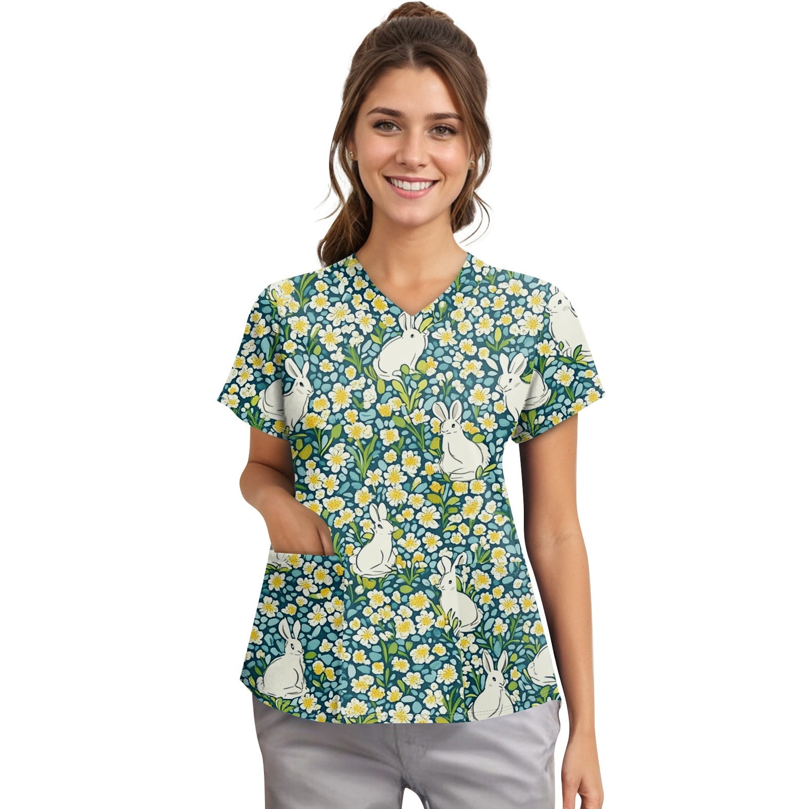 FrzhBrz Women's Plus Size Work Uniform Short Sleeve V-Neck Scrubs for ...