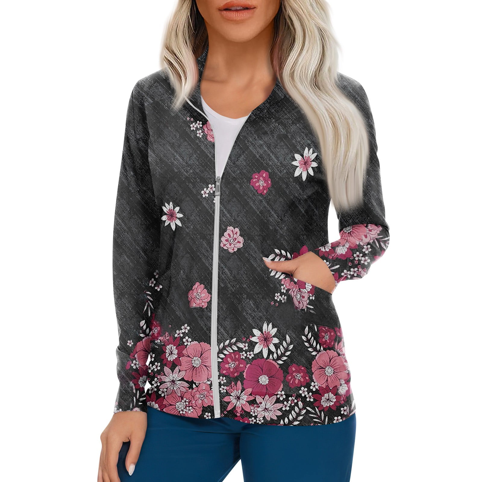 FrzhBrz Women's Ultra Soft Stretch Zip Up Scrub Jacket Floral Print ...