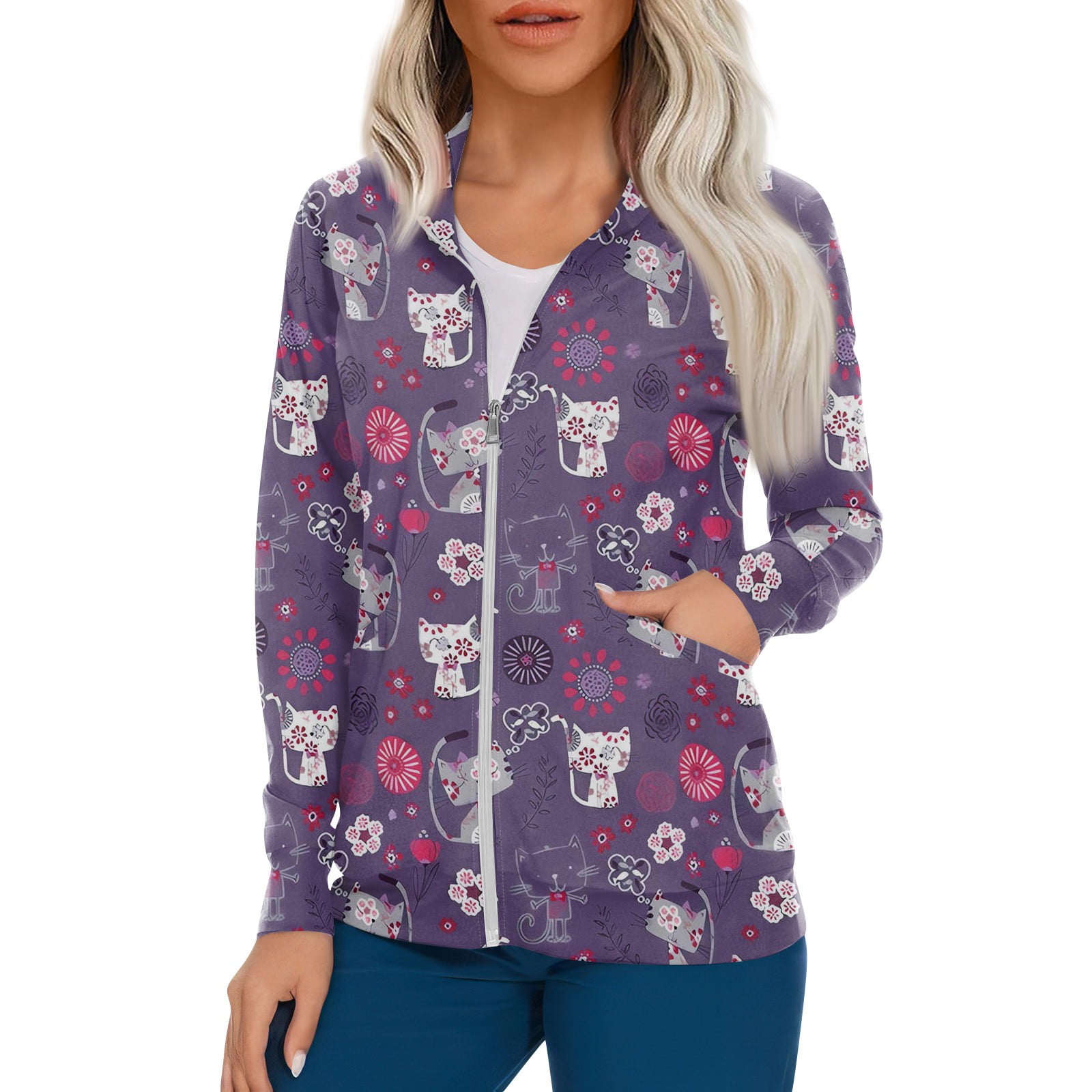 FrzhBrz Women's Ultra Soft Stretch Zip Up Scrub Jacket Floral Print ...