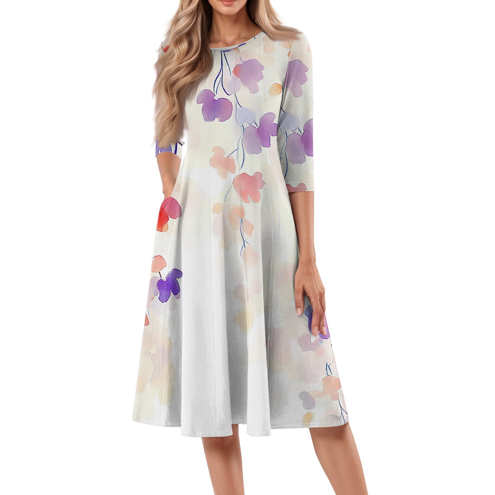 FrzhBrz Women's Vintage Print Midi Dress Casual Basic Comfy 3/4 Sleeve ...