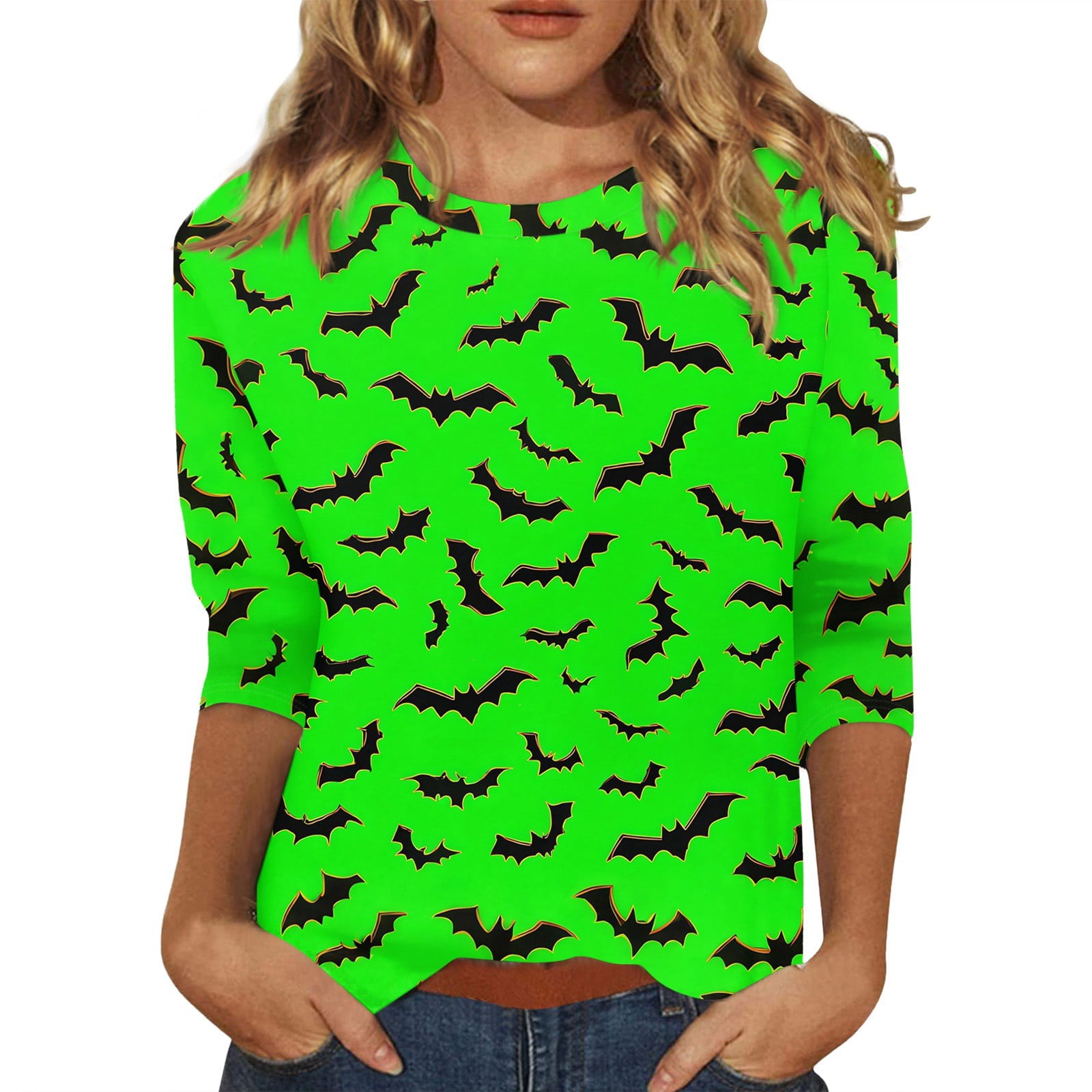 FrzhBrz Womens 3/4 Sleeve Tops Halloween Crew Neck Bat Printed Basic ...