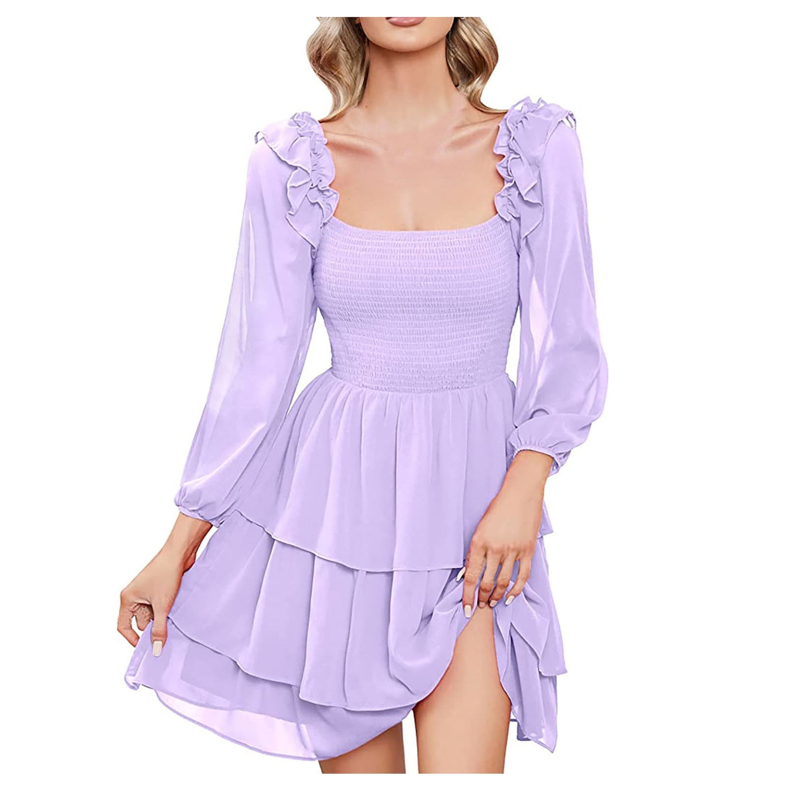 FrzhBrz Womens Dresses 2025 Square Neck Ruffle Dress Long Sleeve Floral ...
