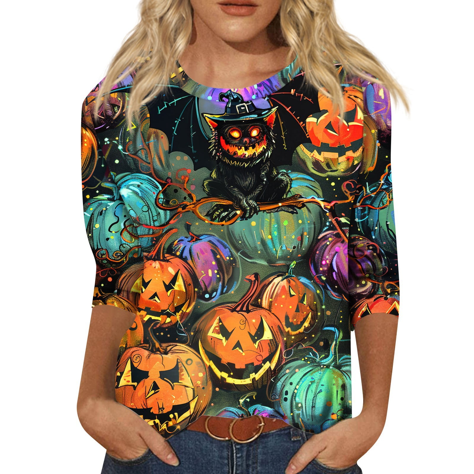 FrzhBrz Womens Halloween Tops 3/4 Sleeve Crew Neck Pumpkin Cat Pattern ...