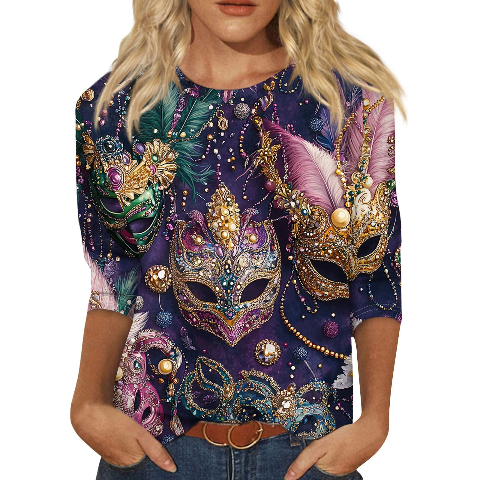 FrzhBrz Womens Mardi Gras Shirts 3/4 Sleeve Round Neck Carnival Costume ...