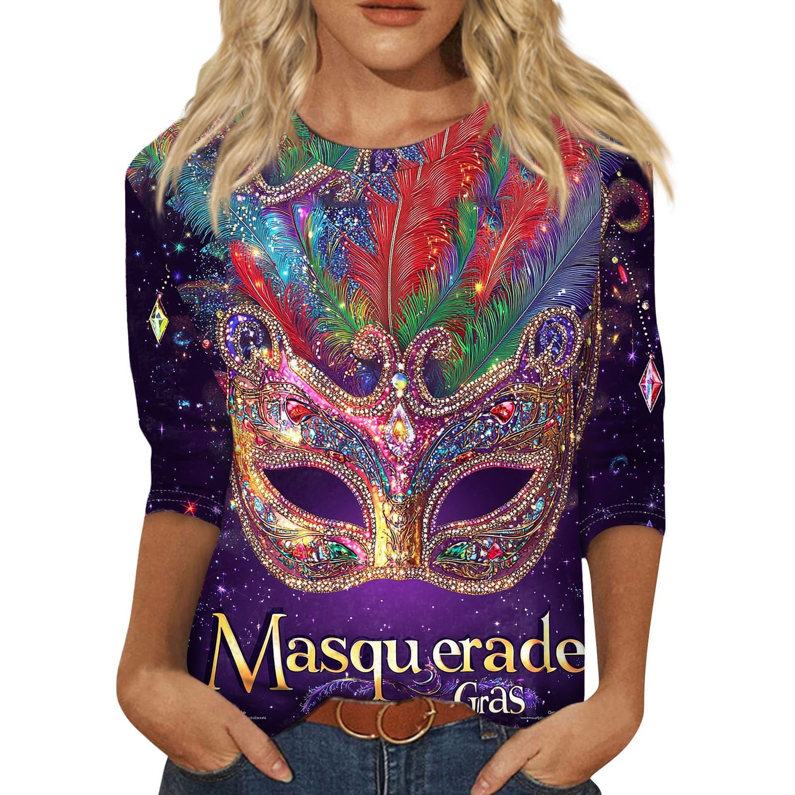 FrzhBrz Womens Mardi Gras Shirts 3/4 Sleeve Tops for Women 2025 Trendy ...