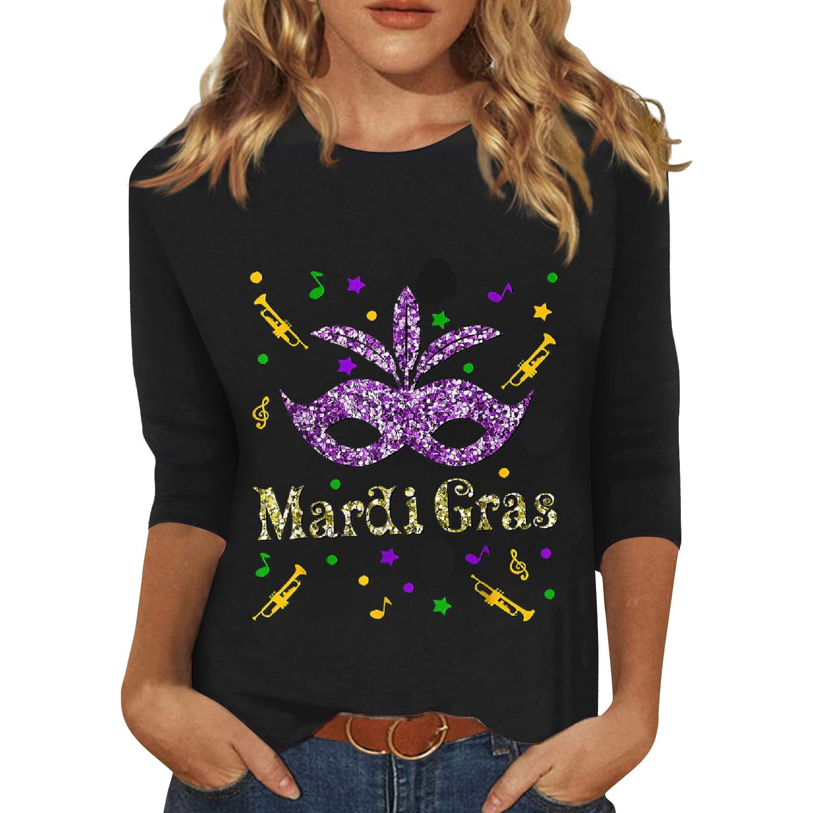 FrzhBrz Womens Mardi Gras Shirts Plus Size Loose Fit 3/4 Length Sleeve ...