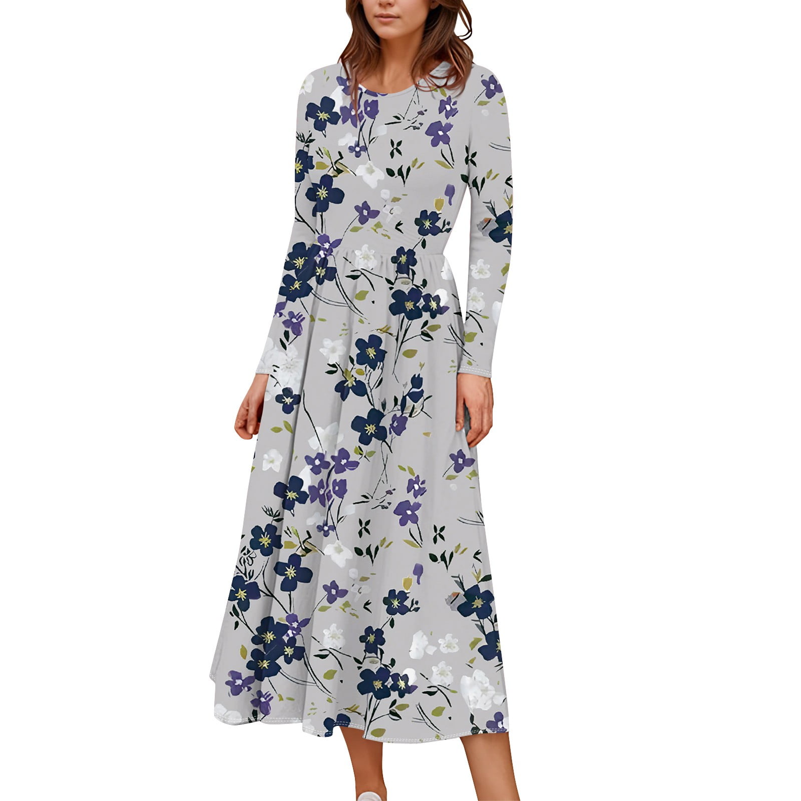 FrzhBrz Womens Maxi Dress Flowy Cute Floral Print Slim Crew Neck Long ...