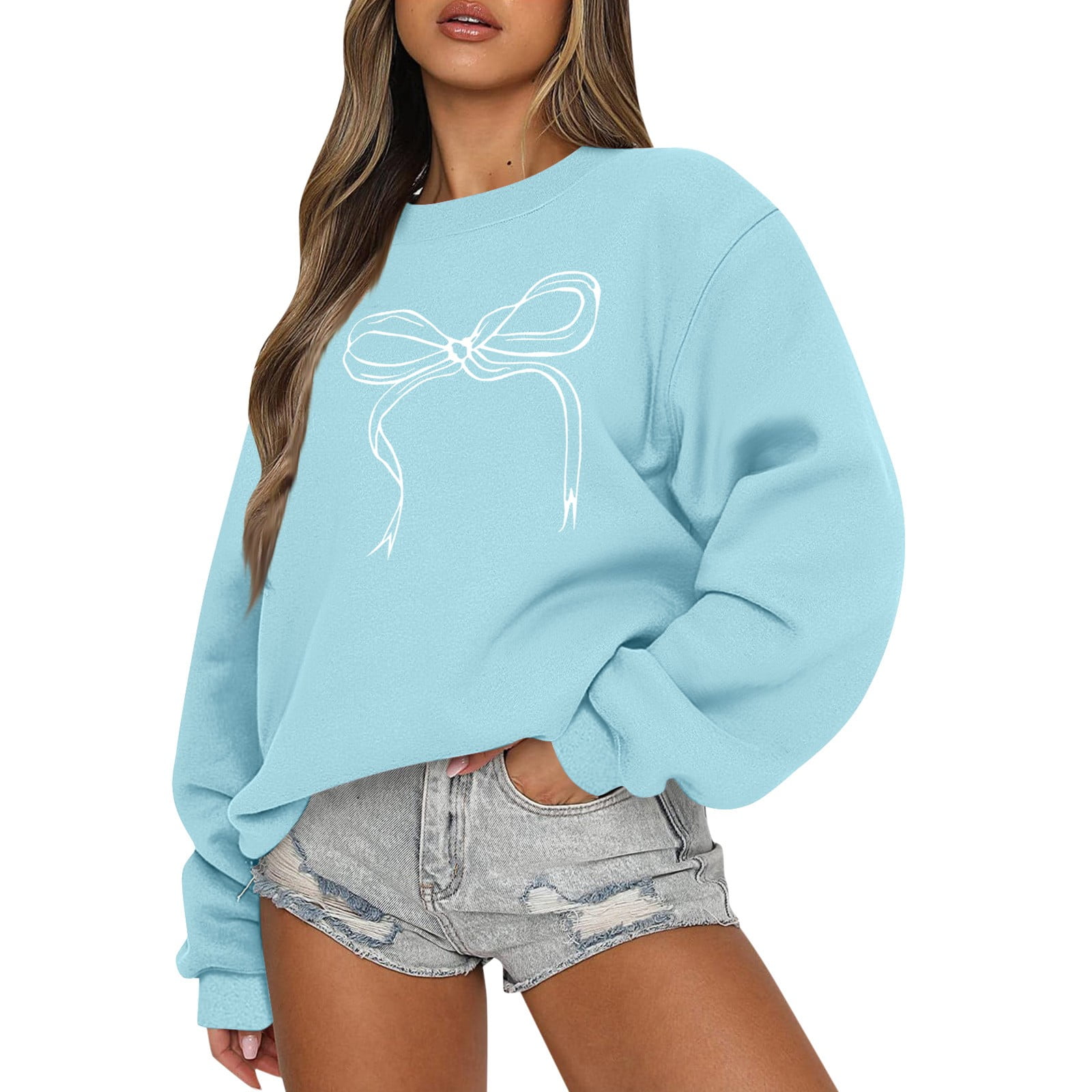 FrzhBrz Womens Pink Bow Sweatshirts Trendy Round Neck Hoodie Cute ...