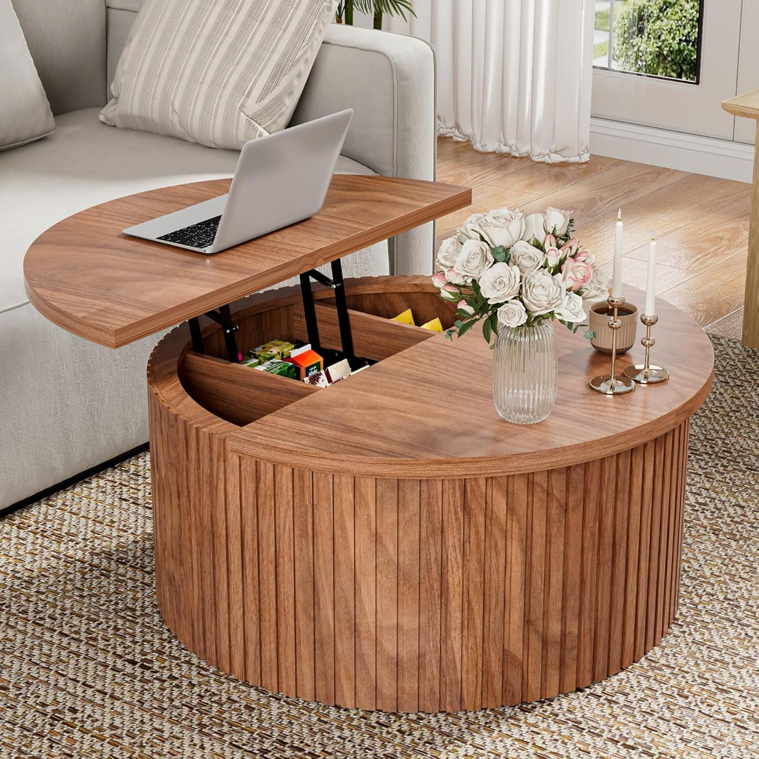 Fsbecl Fluted Lift Top Coffee Table with Hidden Storage, 31.6 Inch ...
