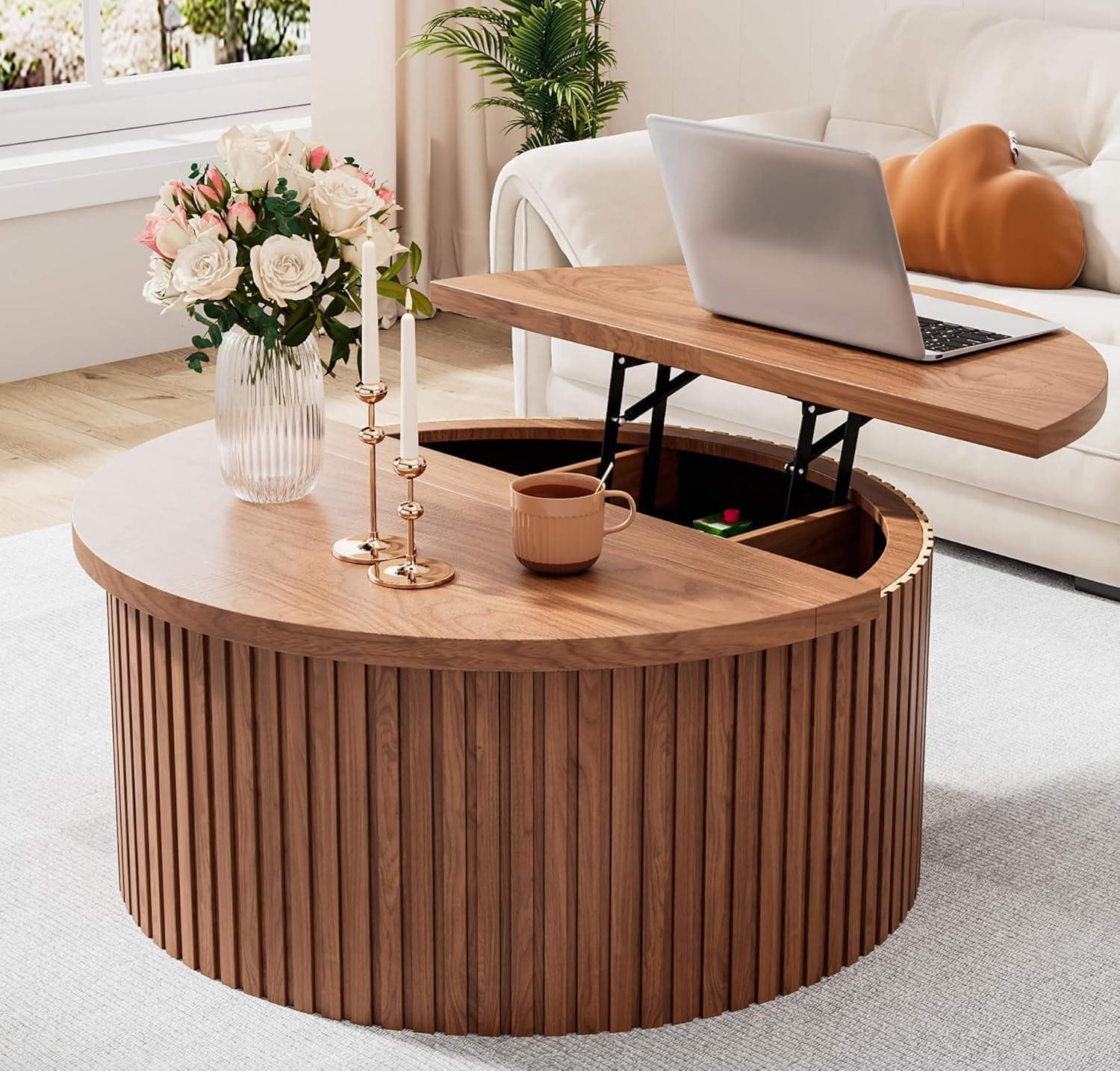 Fsbecl Fluted Lift Top Coffee Table with Hidden Storage, 31.6 Inch ...