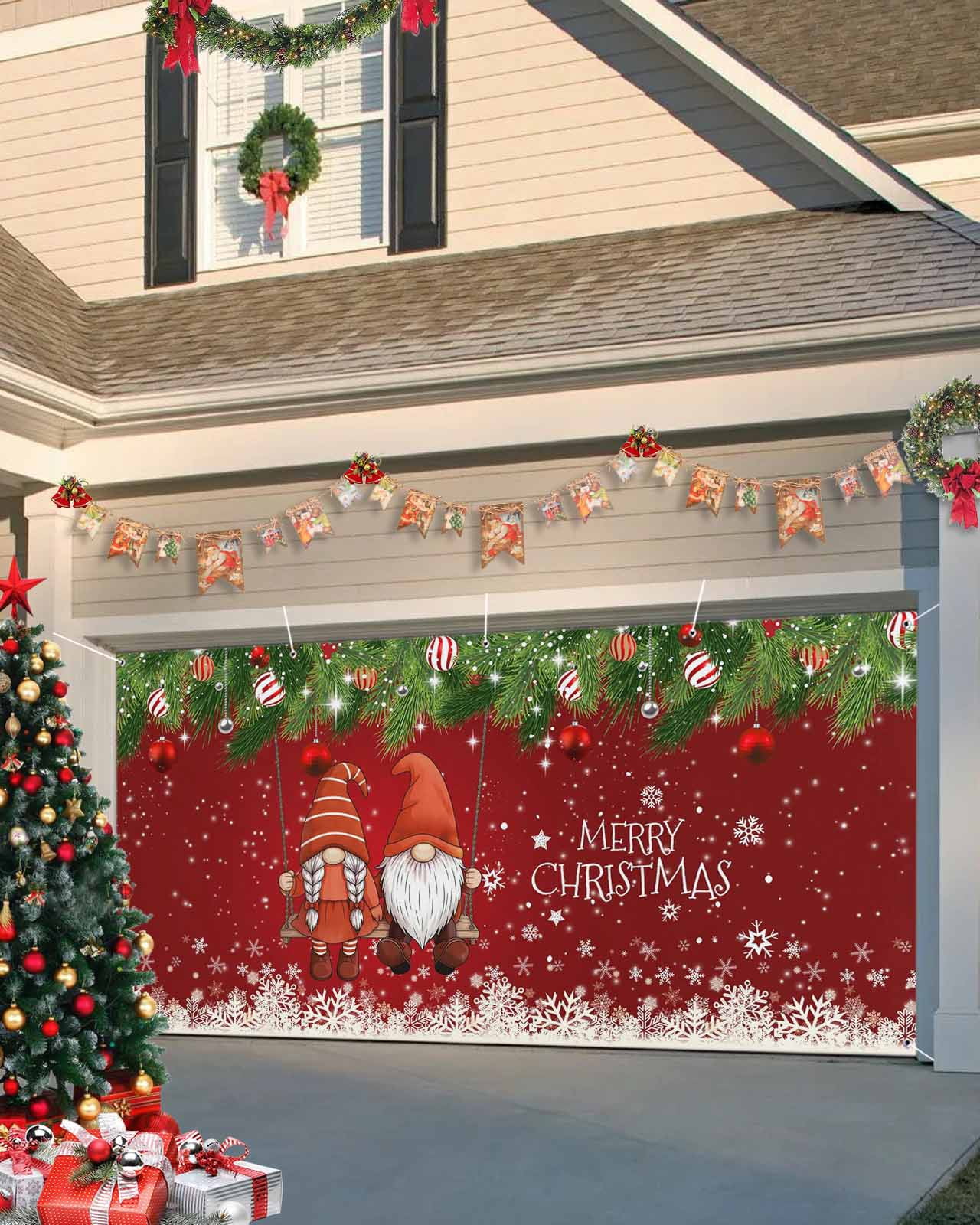 Fsddascl 7 x 16 Ft Christmas Garage Door Cover, Red Gnomes Christmas ...