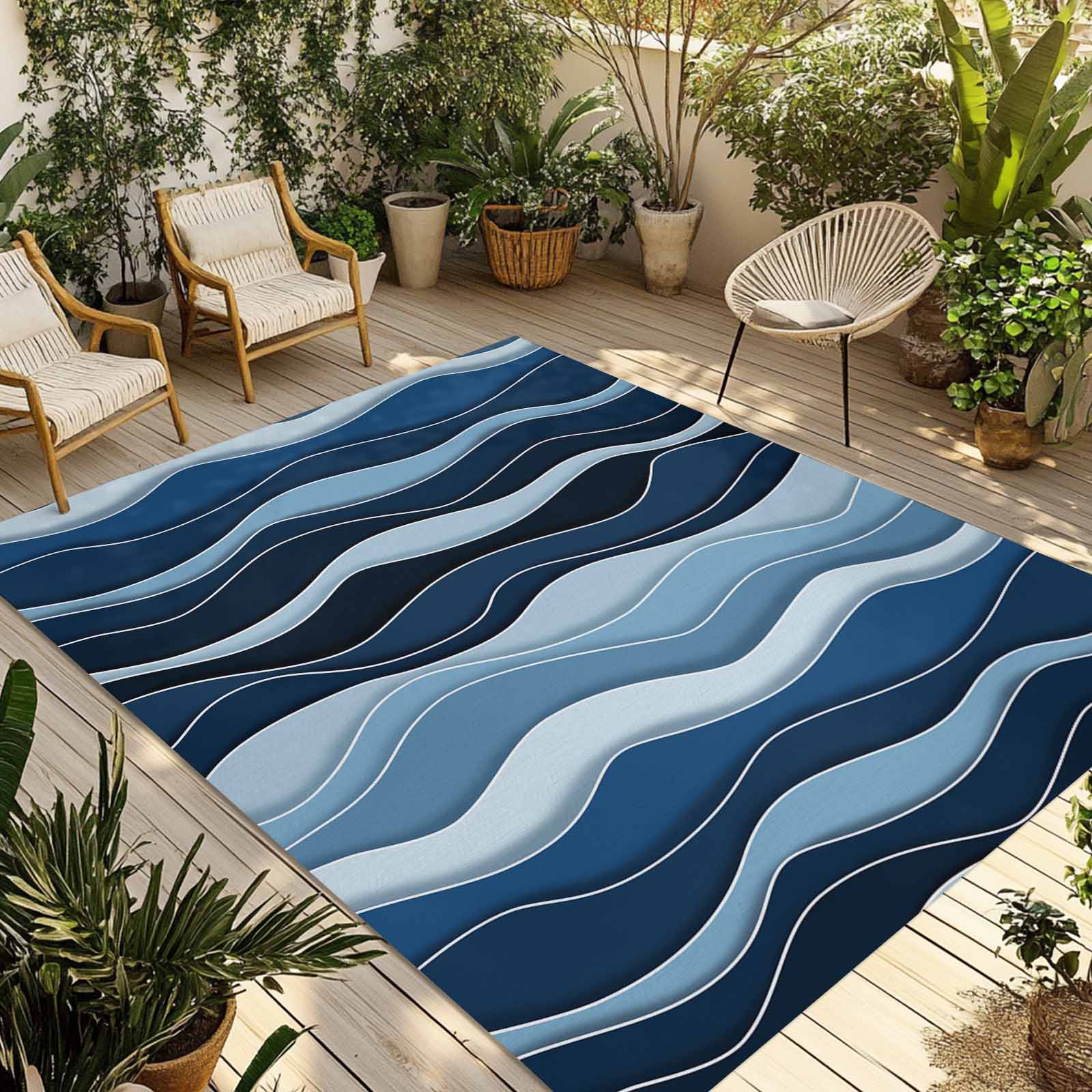Fsddascl Abstract Blue Moire Outdoor Rug for Patio/Deck/Porch, Non-Slip ...