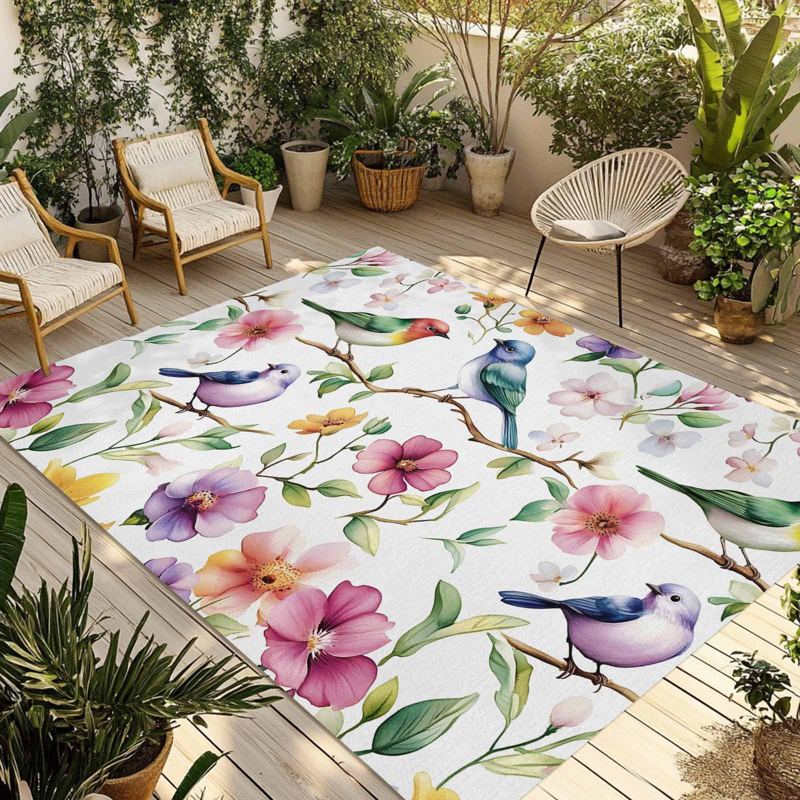Fsddascl Birds Floral Outdoor Rug for Patio/Deck/Porch, Non-Slip Large ...