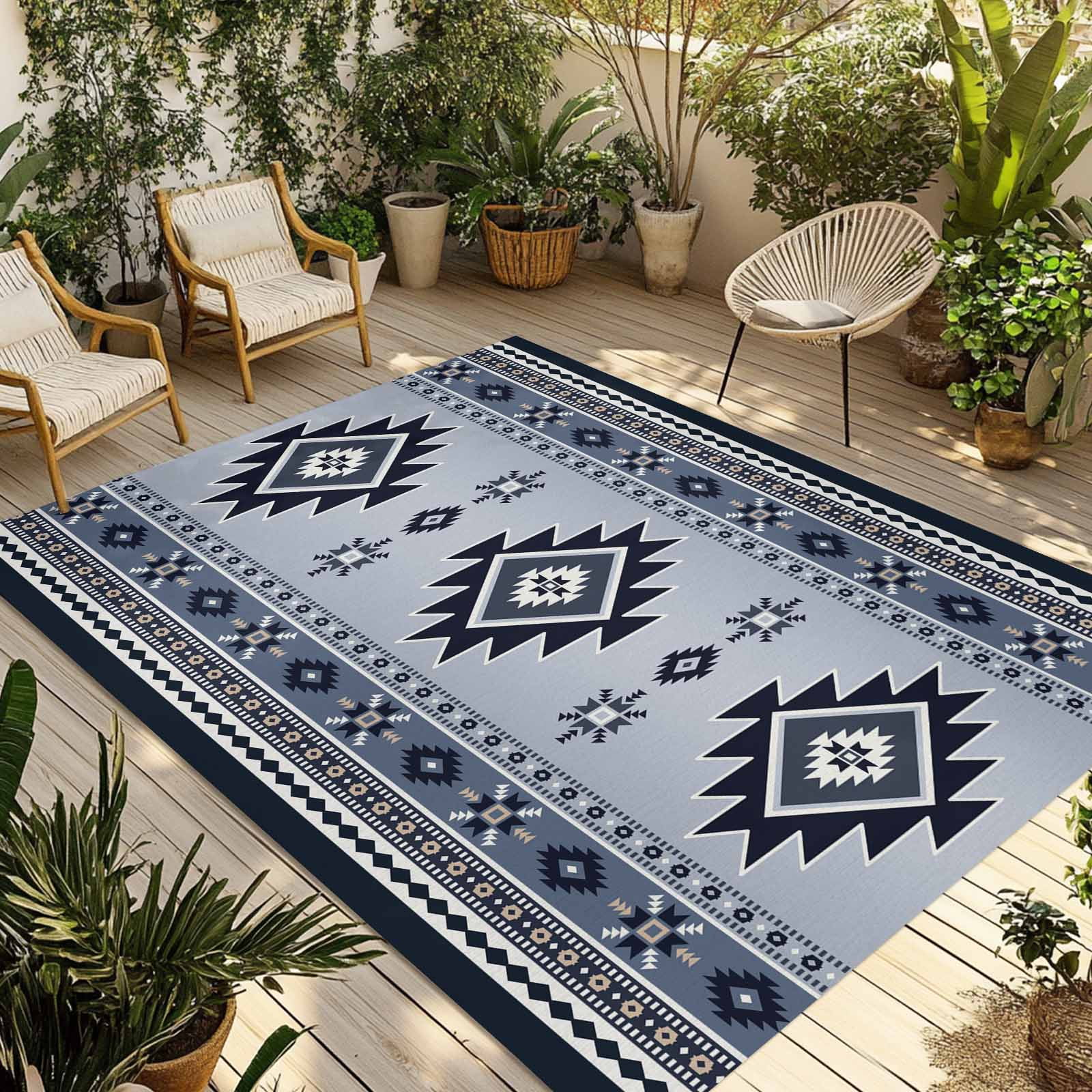 Fsddascl Blue Aztec Outdoor Rug for Patio/Deck/Porch, Non-Slip Large ...