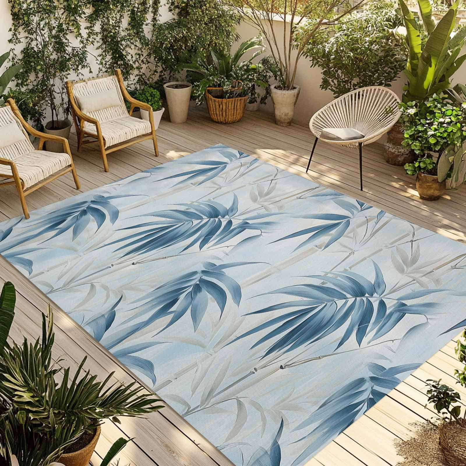 Fsddascl Blue Botanical Outdoor Rug for Patio/Deck/Porch, Non-Slip ...