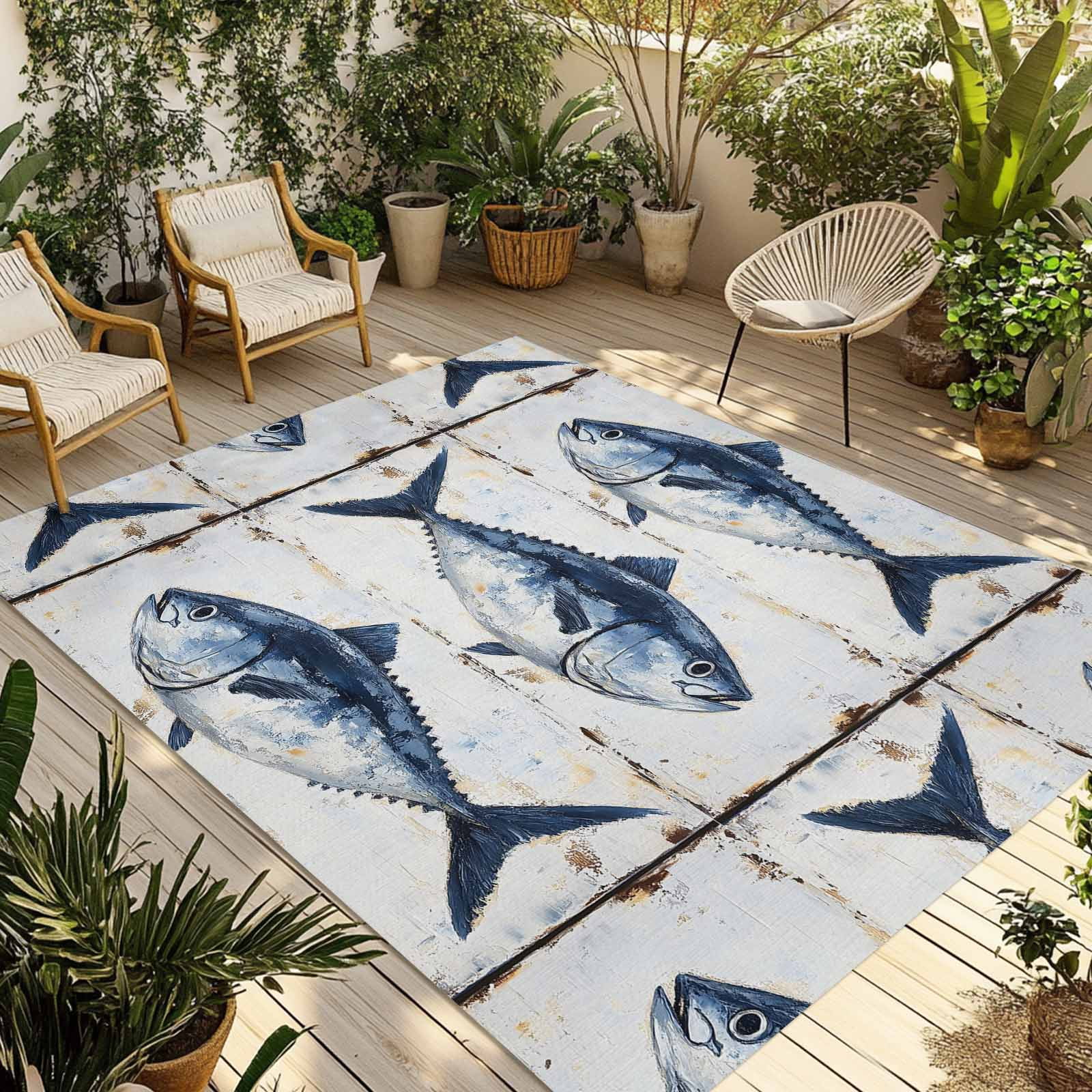 Fsddascl Blue Coastal Fish Outdoor Rug for Patio/Deck/Porch, Non-Slip ...