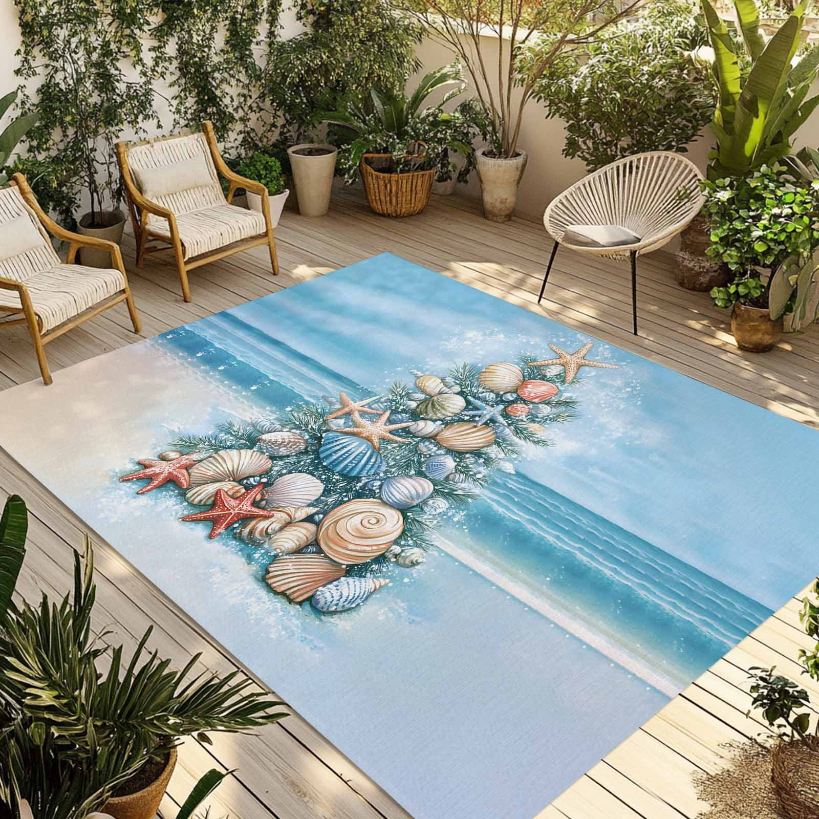 Fsddascl Blue Coastal Outdoor Rug for Patio/Deck/Porch, Non-Slip Large ...