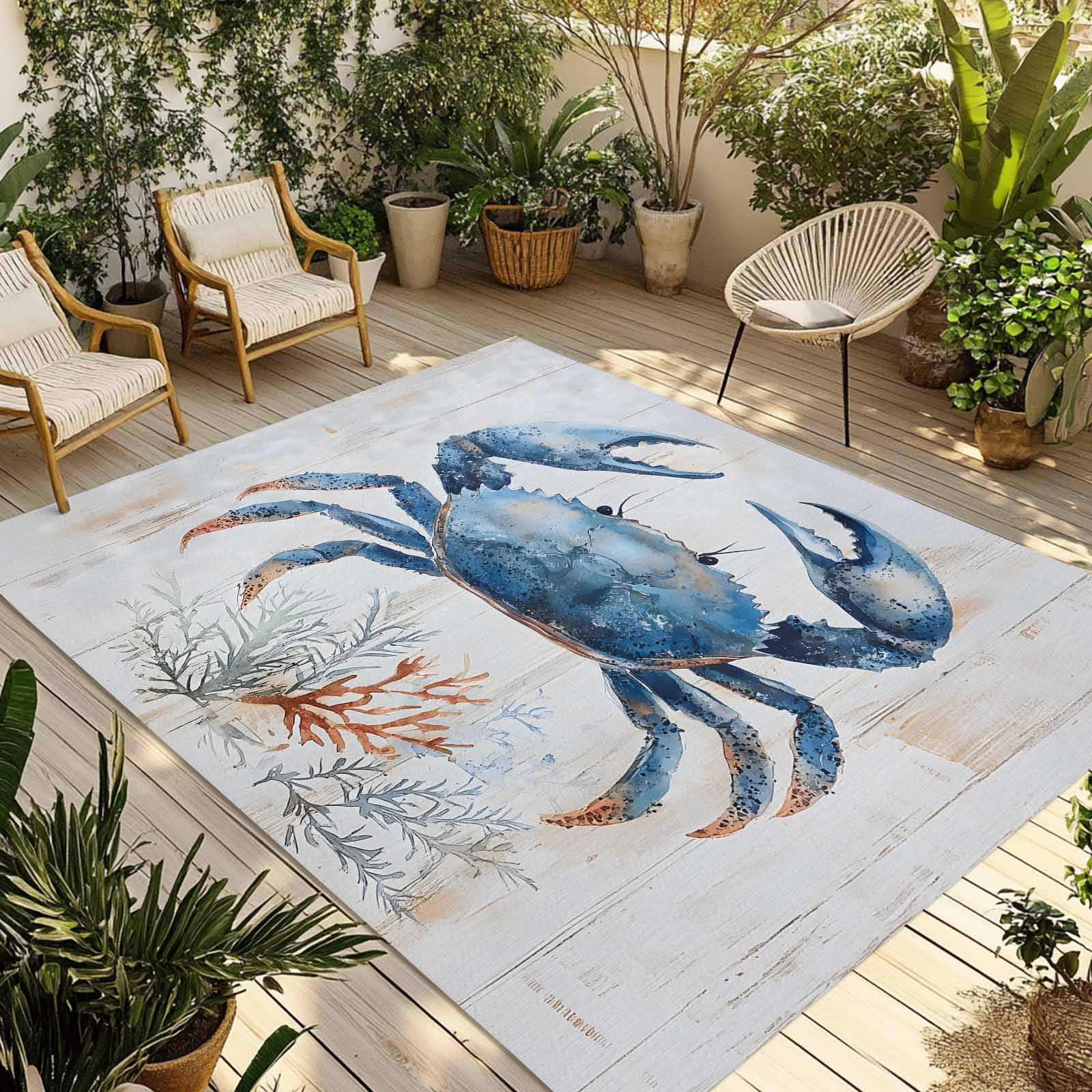 Fsddascl Blue Crab Coastal Outdoor Rug for Patio/Deck/Porch, Non-Slip ...