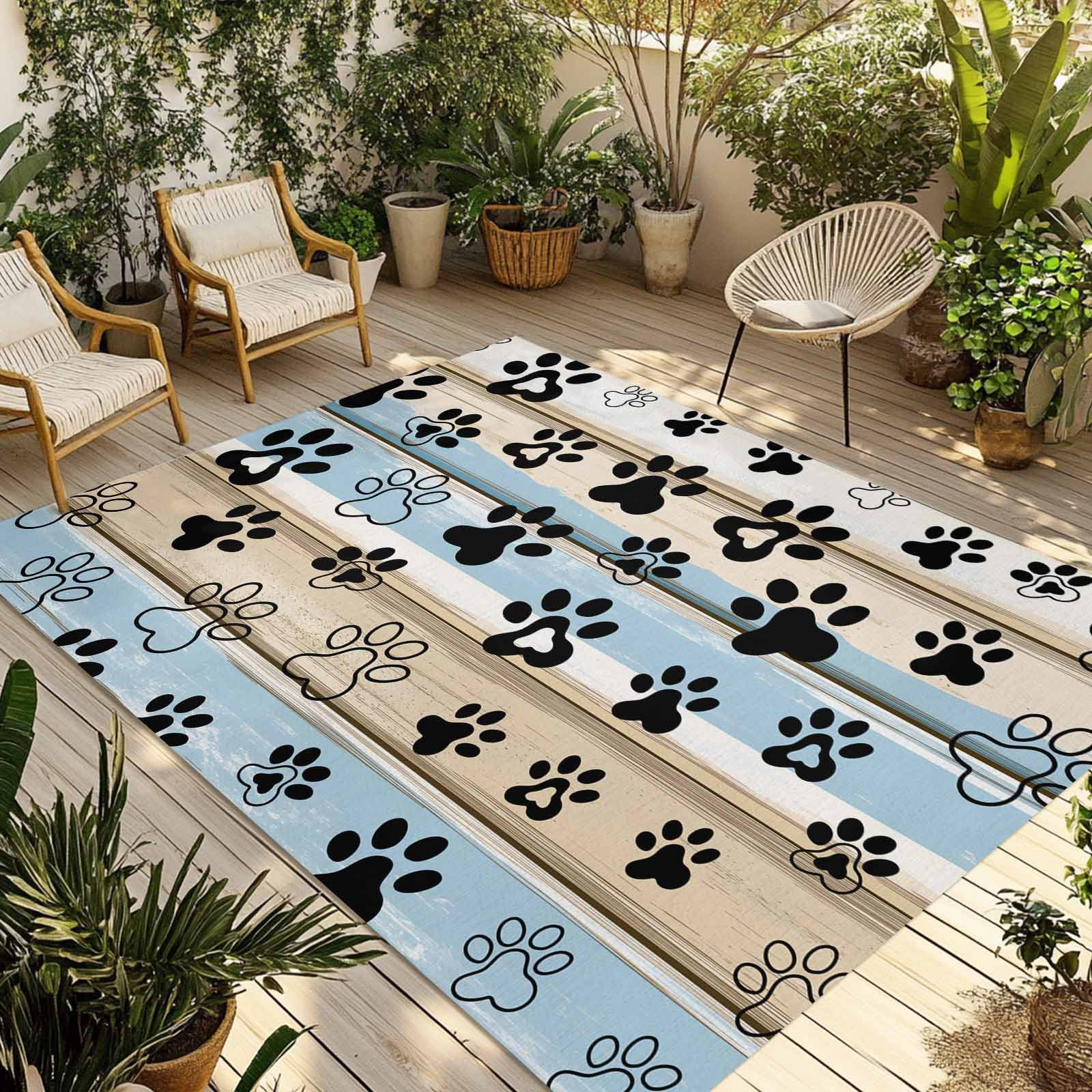 Fsddascl Blue Dog Paw Print Outdoor Rug for Patio/Deck/Porch, Non-Slip ...