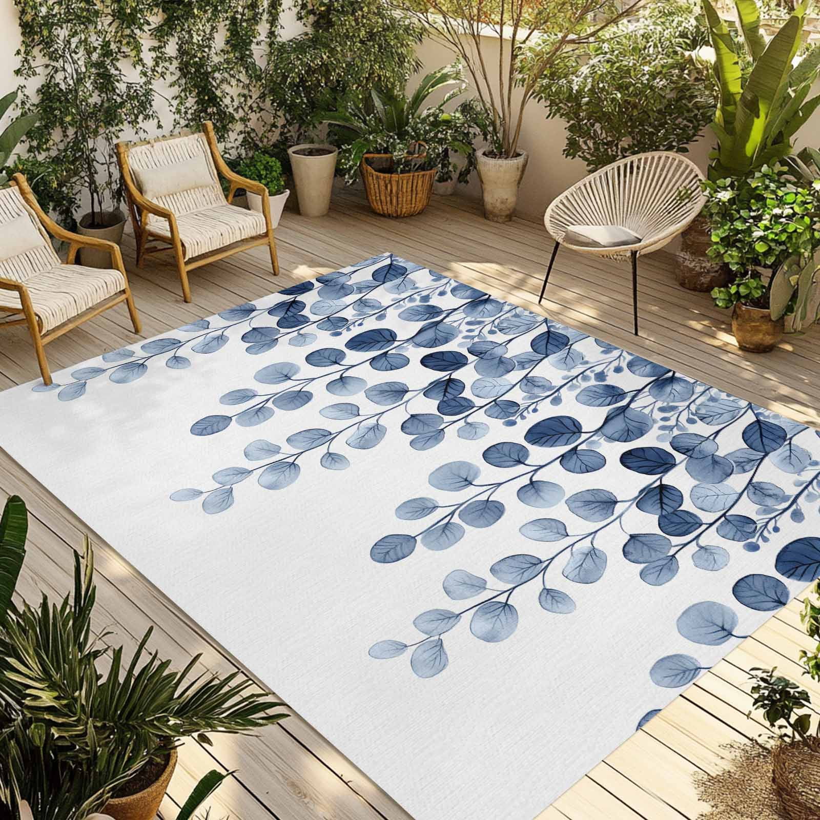 Fsddascl Blue Eucalyptus Leaves Outdoor Rug for Patio/Deck/Porch, Non ...