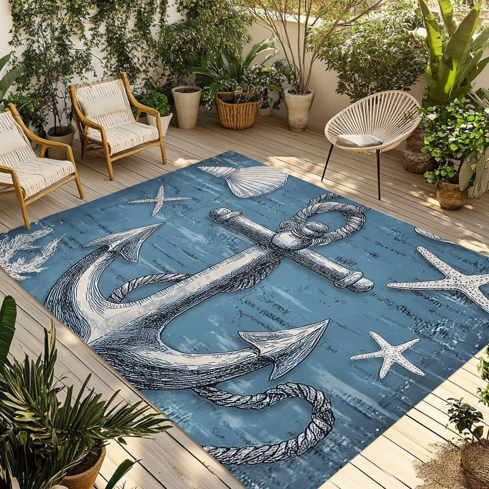Fsddascl Blue Nautical Anchor Outdoor Rug for Patio/Deck/Porch, Non ...