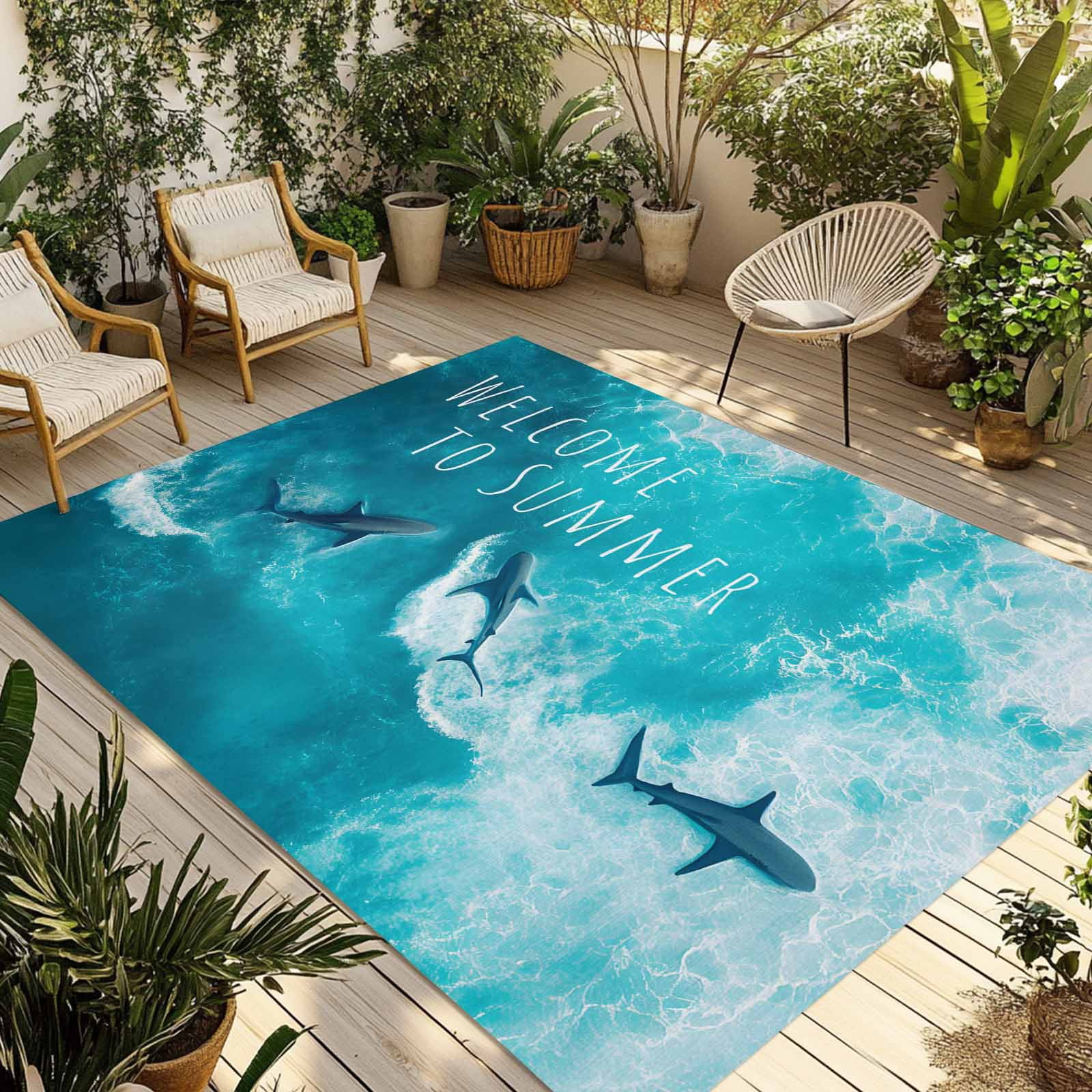 Fsddascl Blue Ocean Shark Outdoor Rug for Patio/Deck/Porch, Non-Slip ...