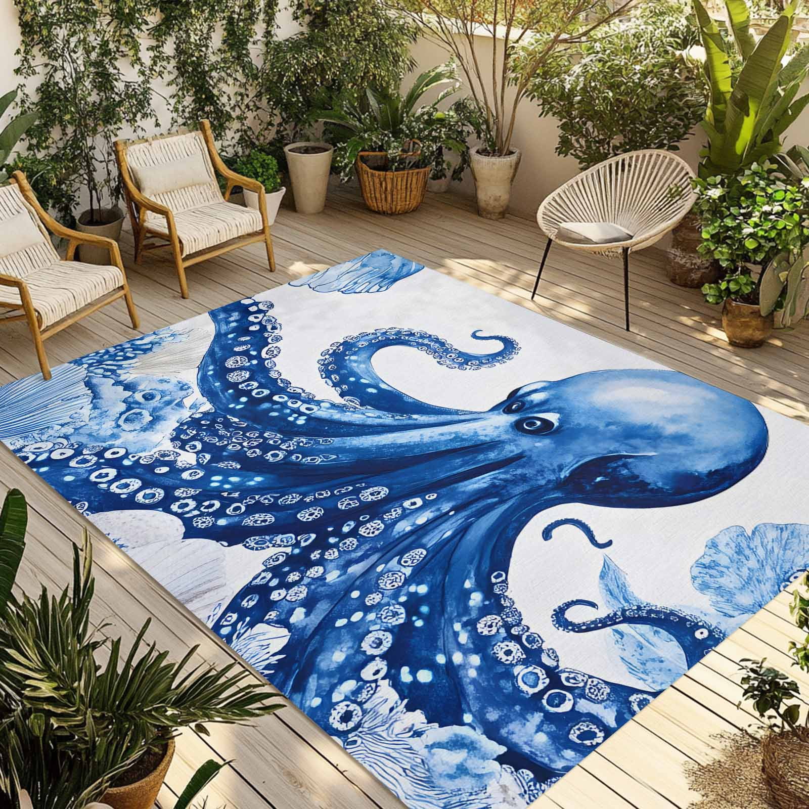 Fsddascl Blue Octopus Coastal Outdoor Rug for Patio/Deck/Porch, Non ...