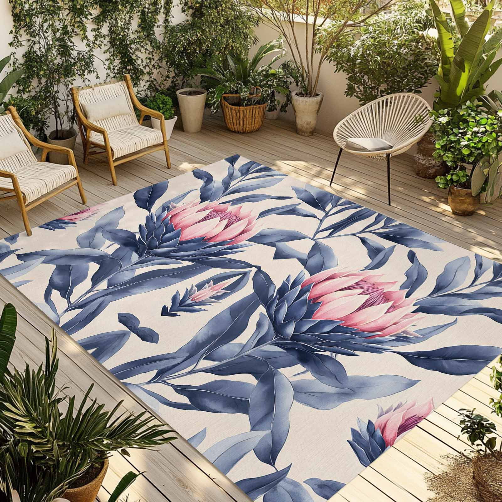 Fsddascl Blue Pink Botanical Outdoor Rug for Patio/Deck/Porch, Non-Slip ...