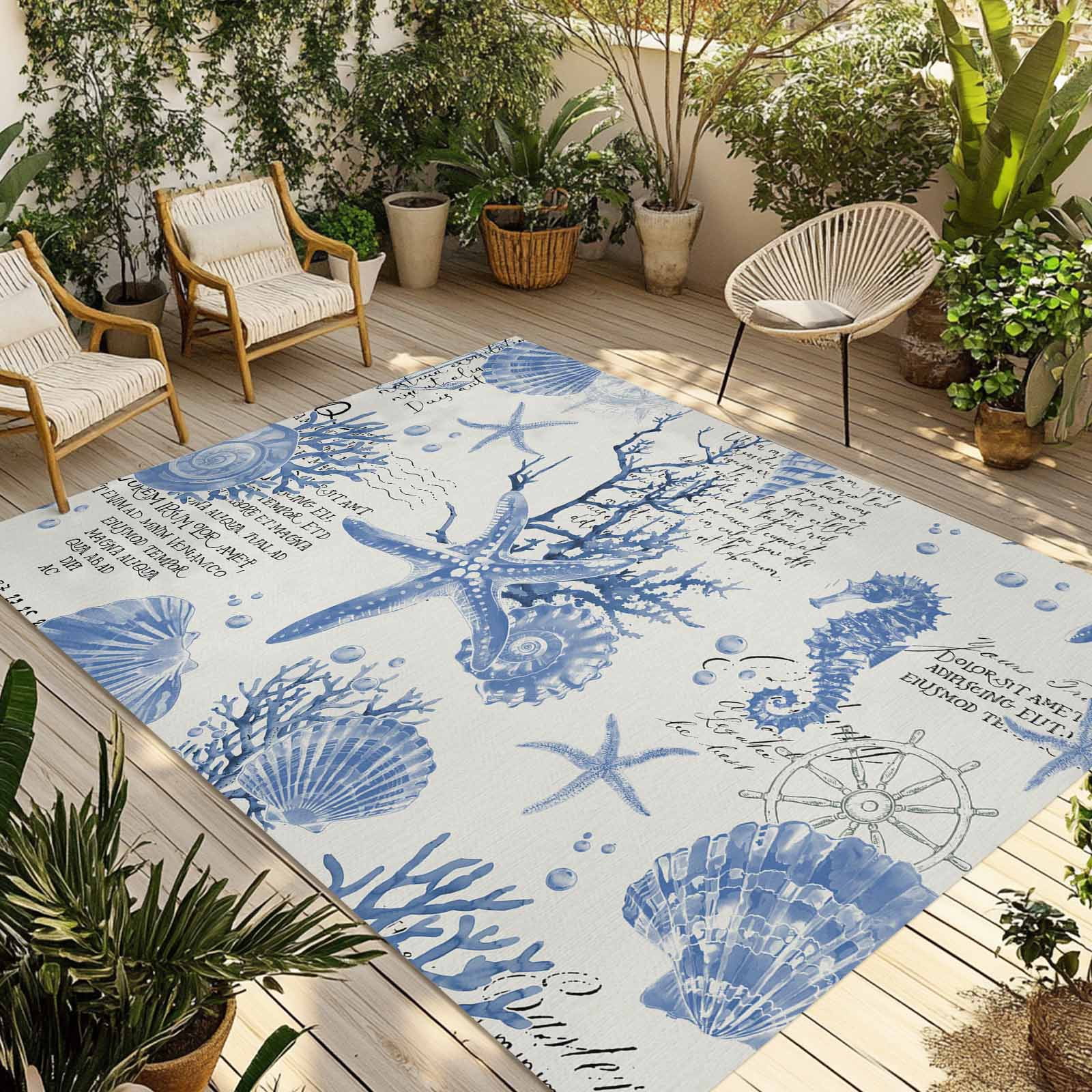 Fsddascl Blue Seashells Outdoor Rug for Patio/Deck/Porch, Non-Slip ...