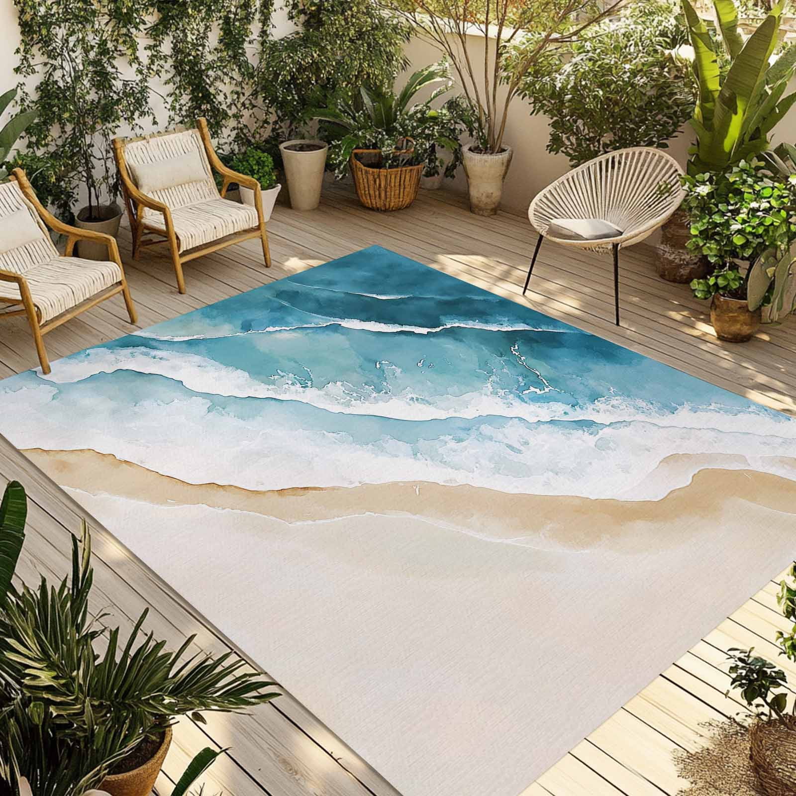 Fsddascl Blue Teal Beach Coastal Outdoor Rug for Patio/Deck/Porch, Non ...