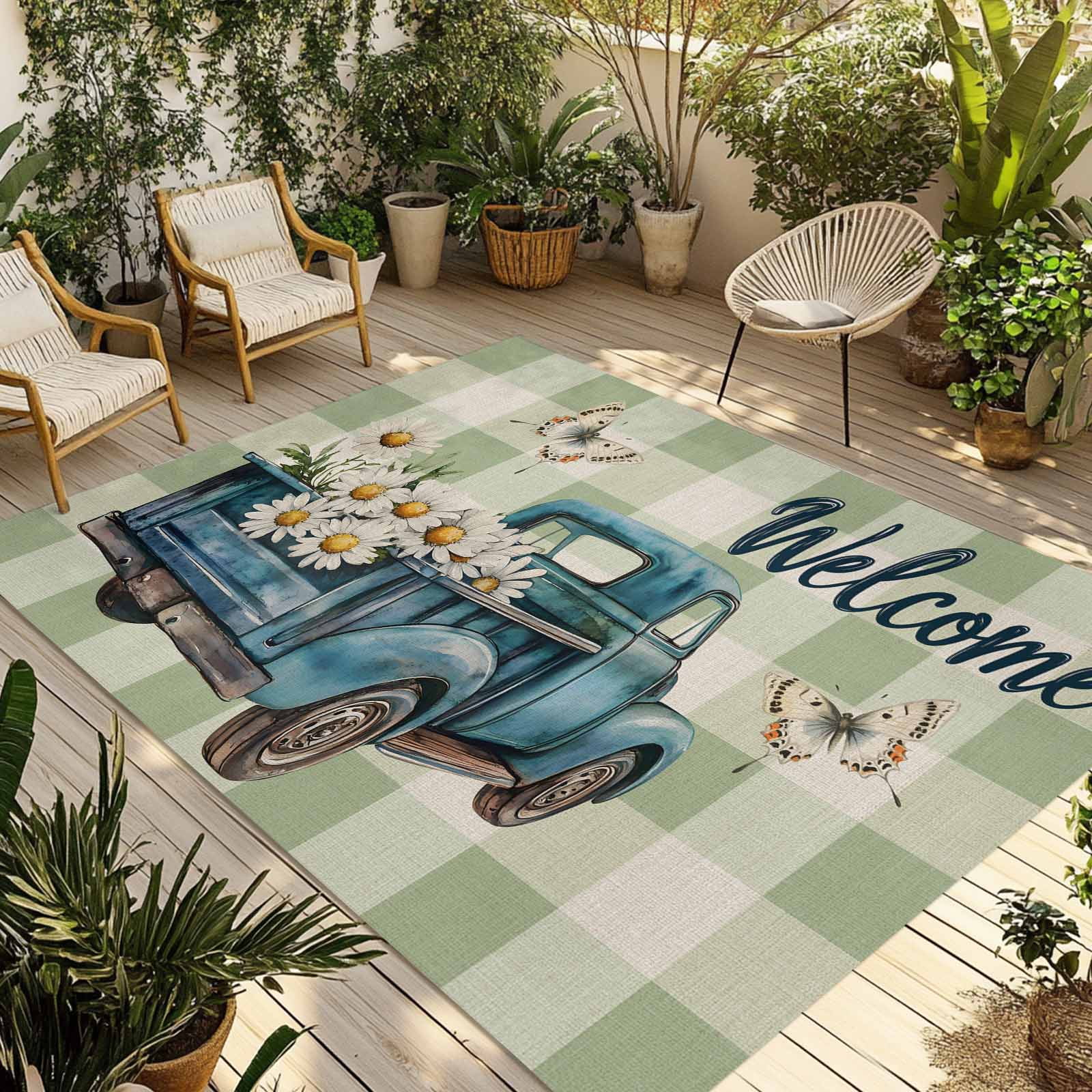 Fsddascl Blue Truck Spring Floral Outdoor Rug for Patio/Deck/Porch, Non ...