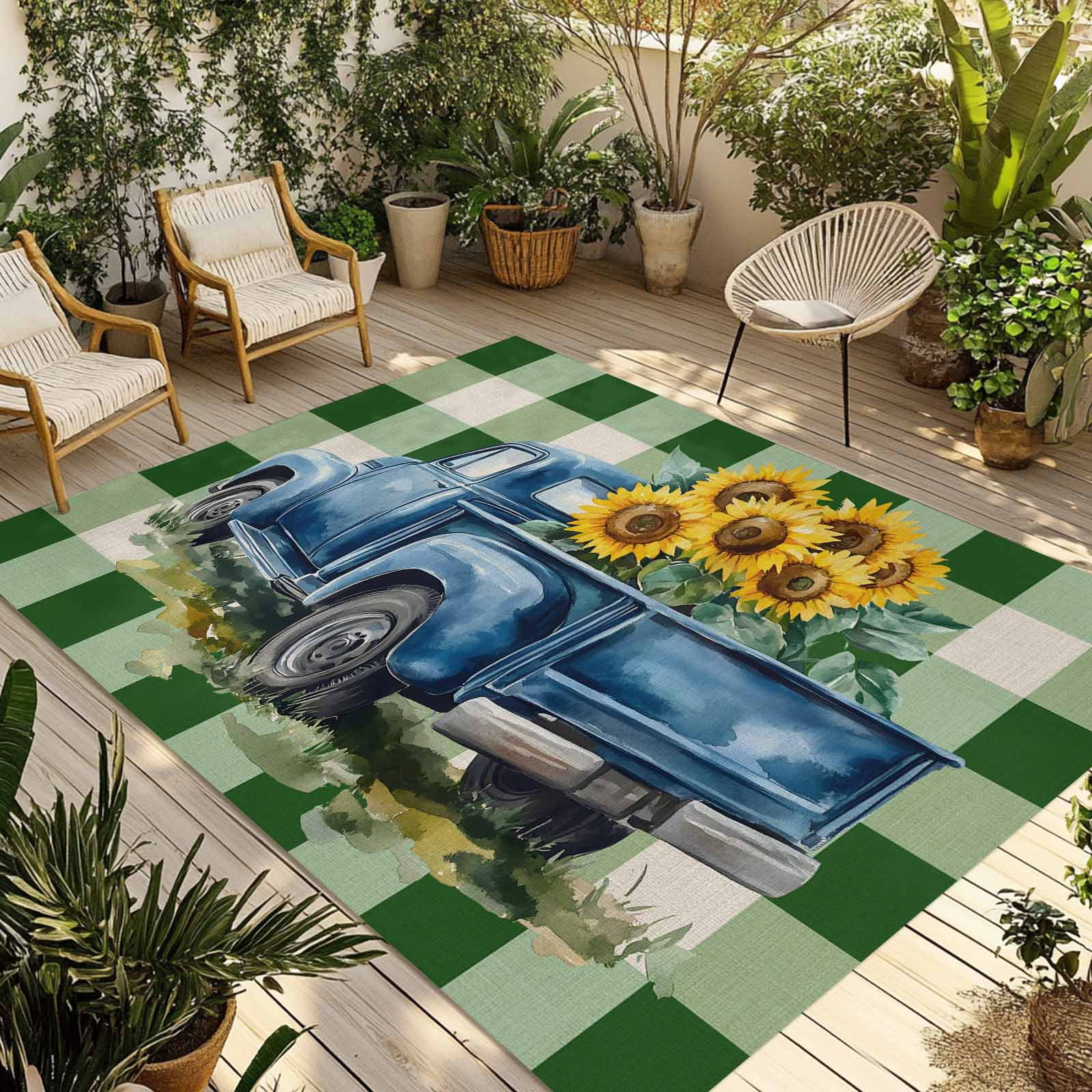 Fsddascl Blue Truck Yellow Sunflower Outdoor Rug for Patio/Deck/Porch ...