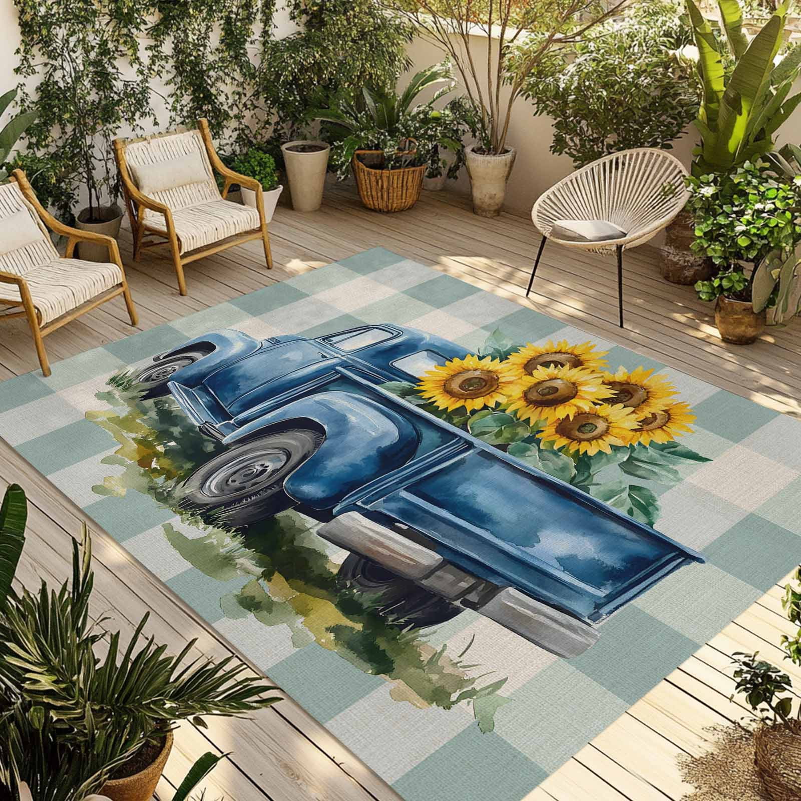 Fsddascl Blue Truck Yellow Sunflower Outdoor Rug for Patio/Deck/Porch ...