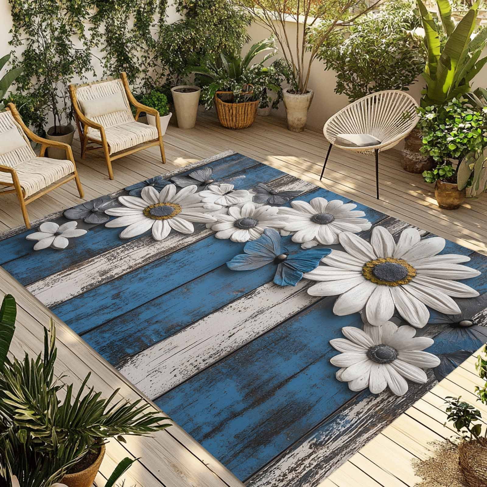 Fsddascl Blue White Daisy Outdoor Rug for Patio/Deck/Porch, Non-Slip ...