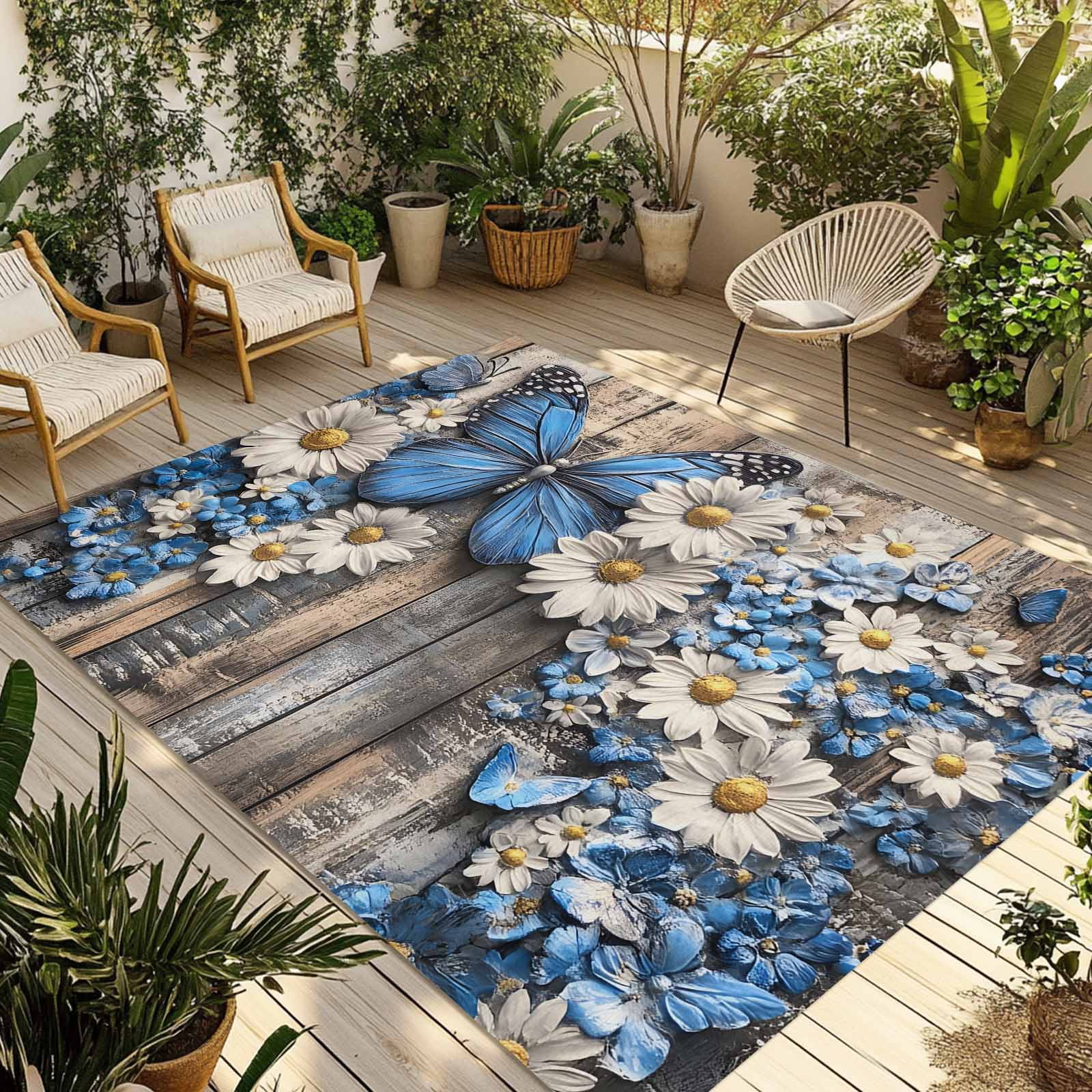 Fsddascl Blue White Daisy Outdoor Rug for Patio/Deck/Porch, Non-Slip ...
