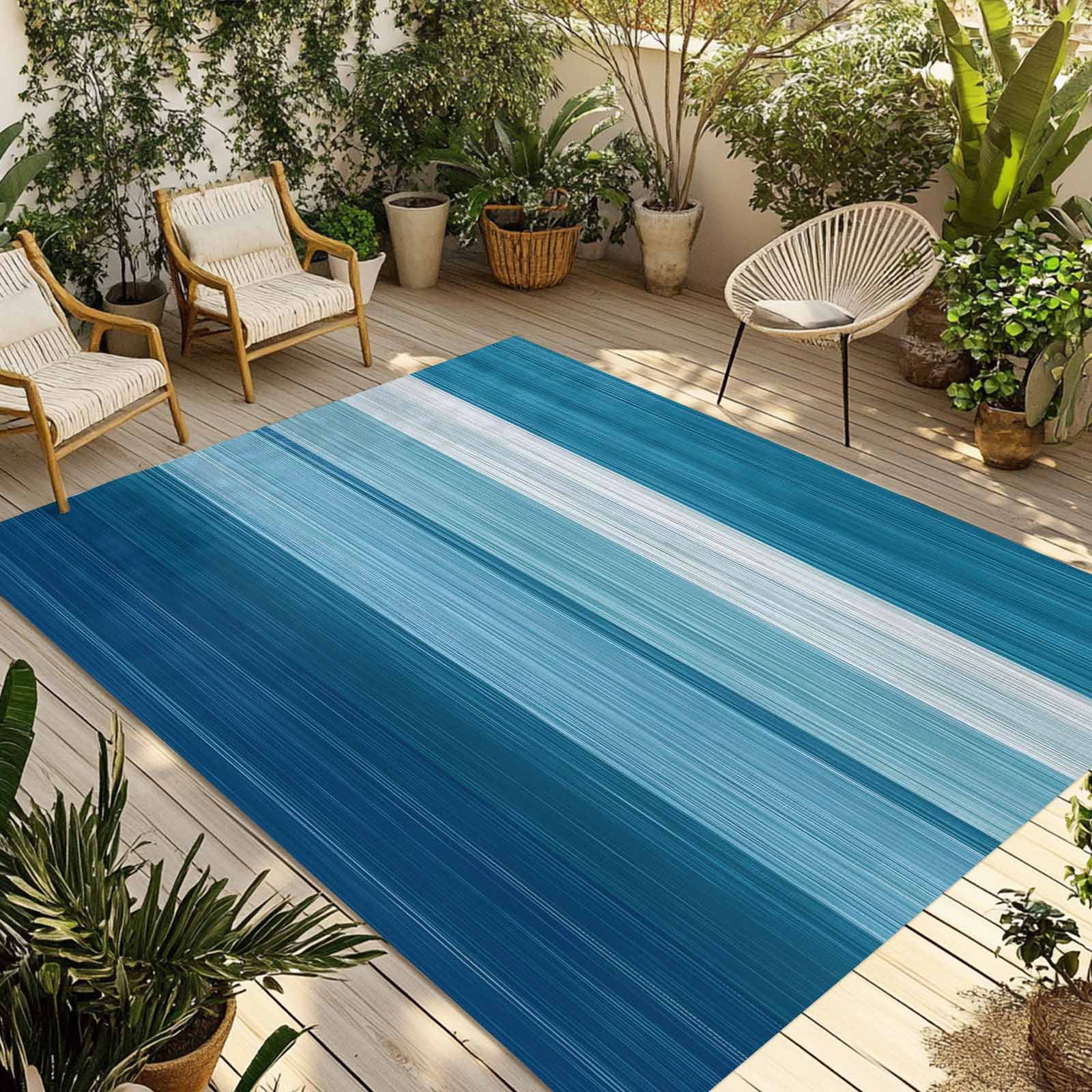 Fsddascl Blue White Ombre Outdoor Rug for Patio/Deck/Porch, Non-Slip ...