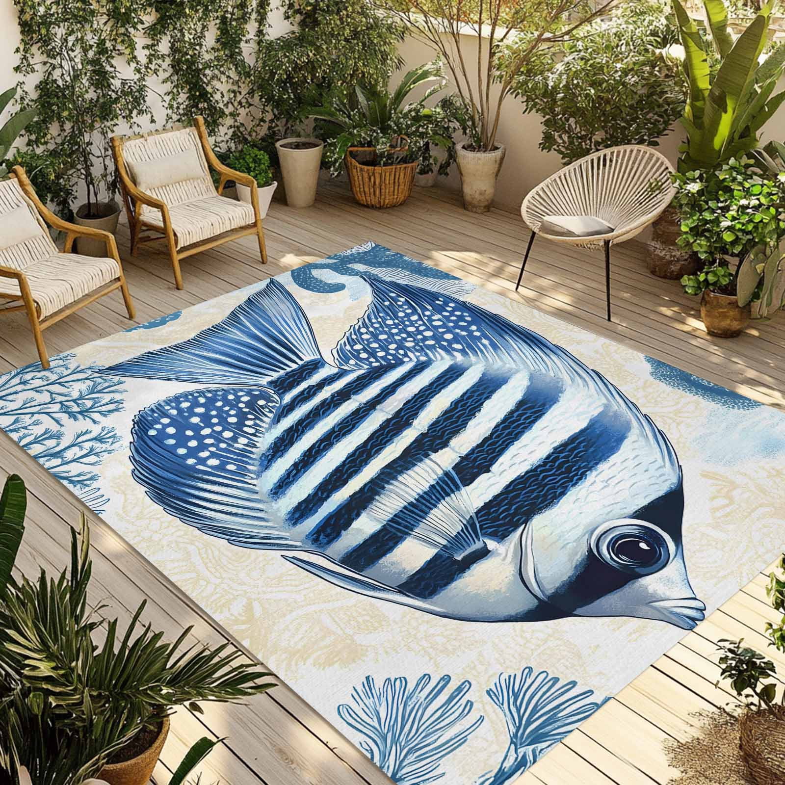 Fsddascl Blue Yellow Ocean Outdoor Rug for Patio/Deck/Porch, Non-Slip ...