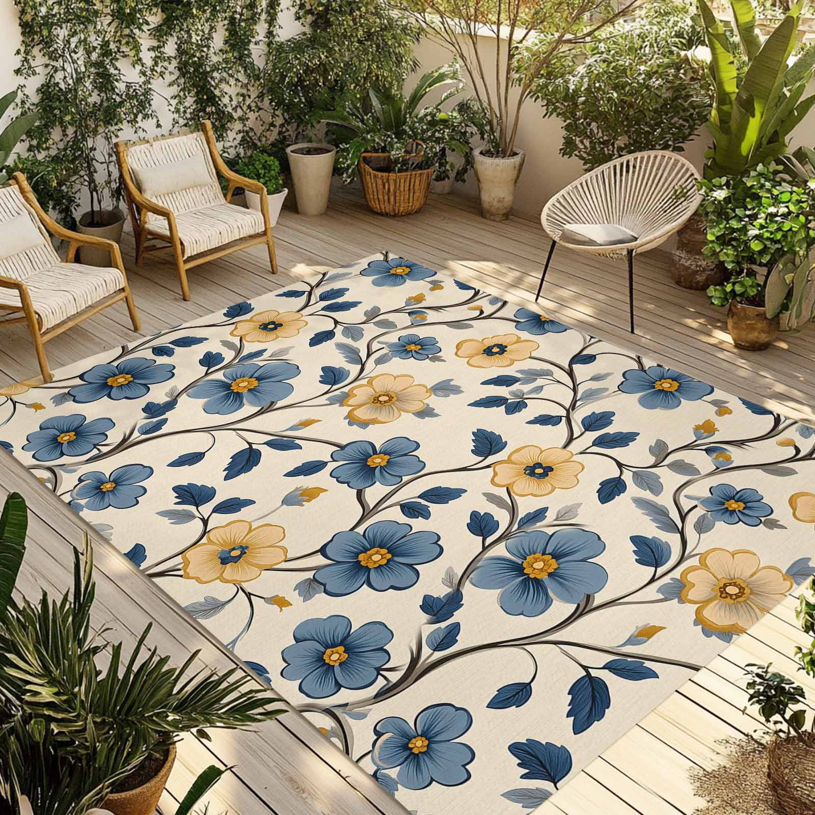 Fsddascl Blue Yellow Spring Floral Outdoor Rug for Patio/Deck/Porch ...