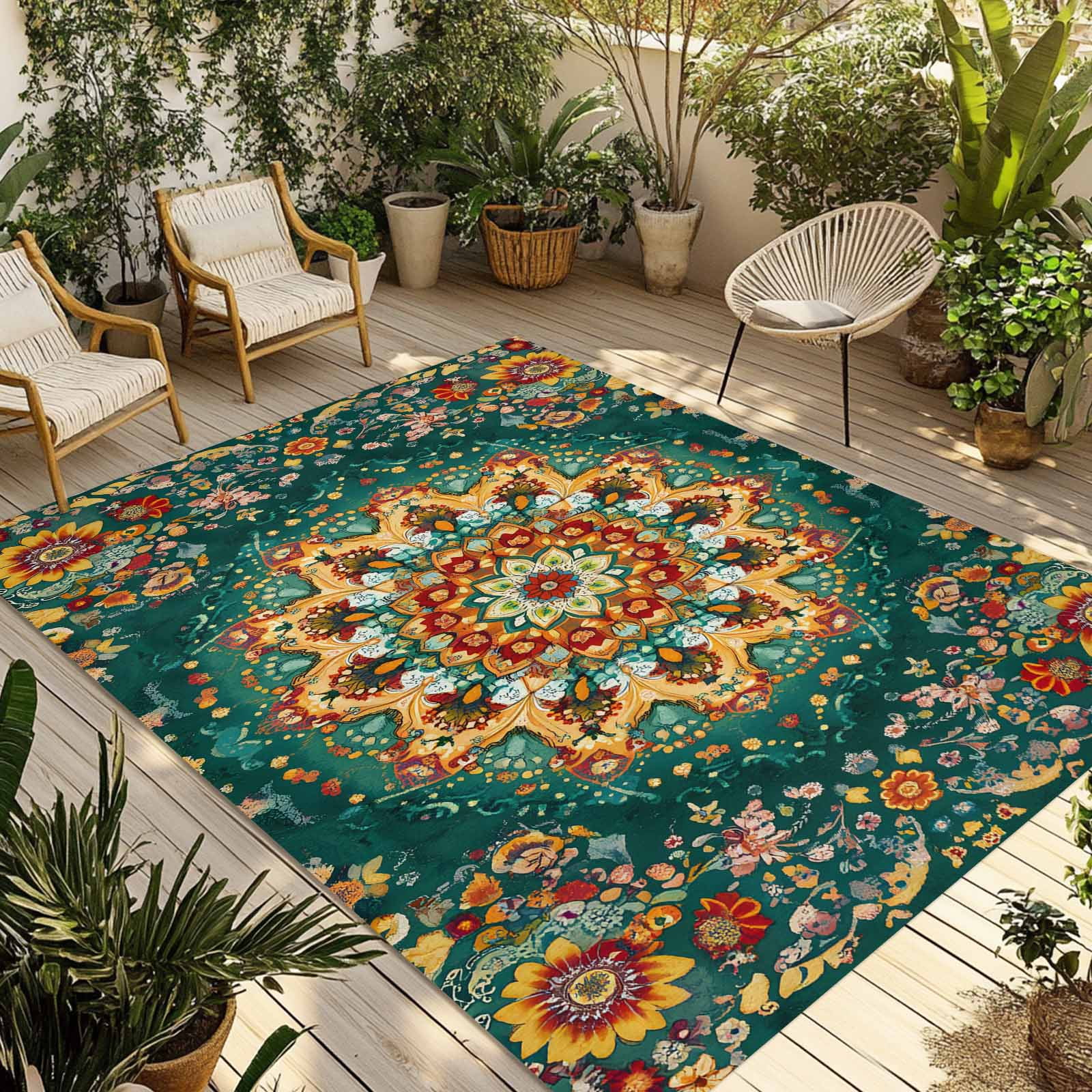 Fsddascl Boho Flower Outdoor Rug for Patio/Deck/Porch, Non-Slip Large ...
