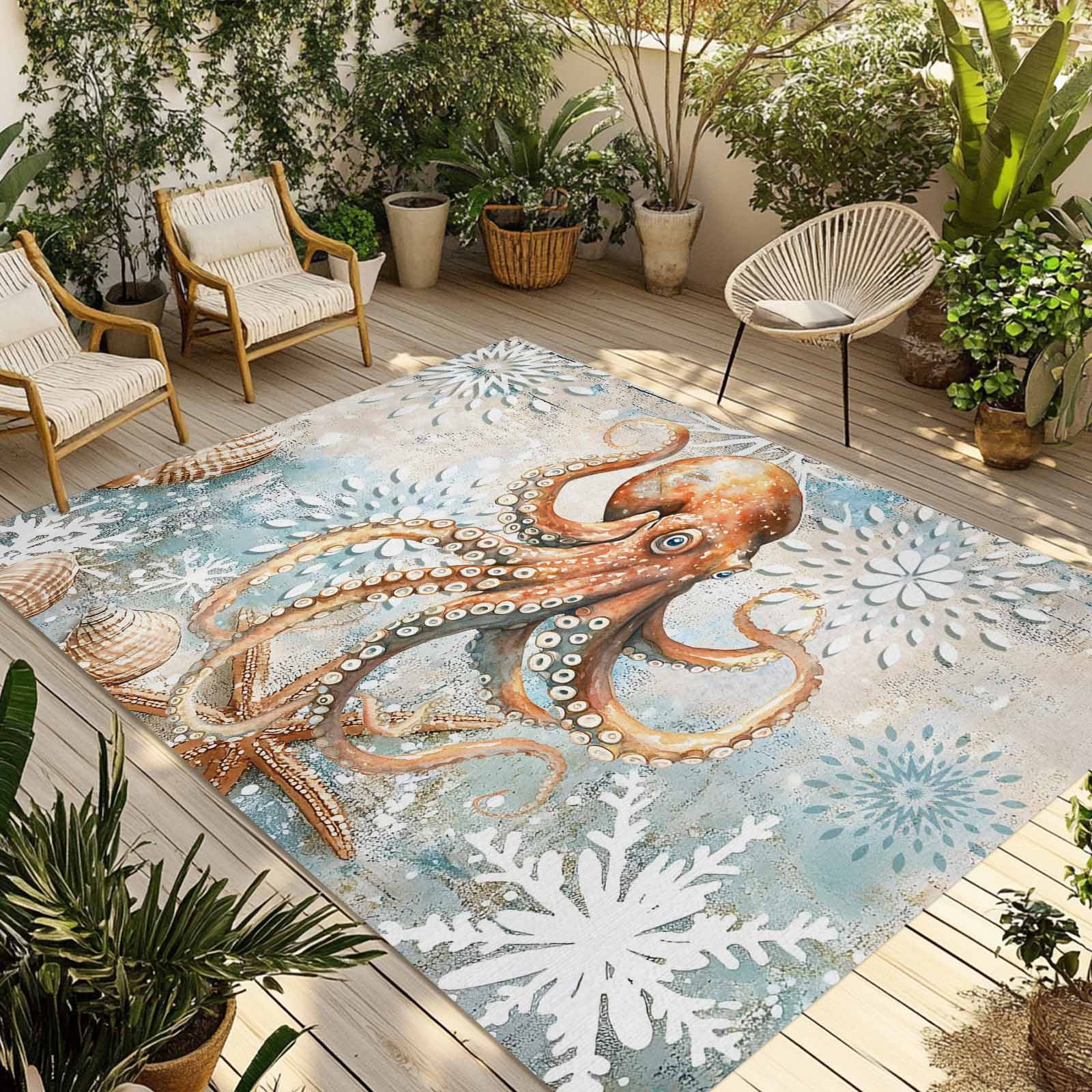 Fsddascl Brown Octopus Coastal Outdoor Rug for Patio/Deck/Porch, Non ...