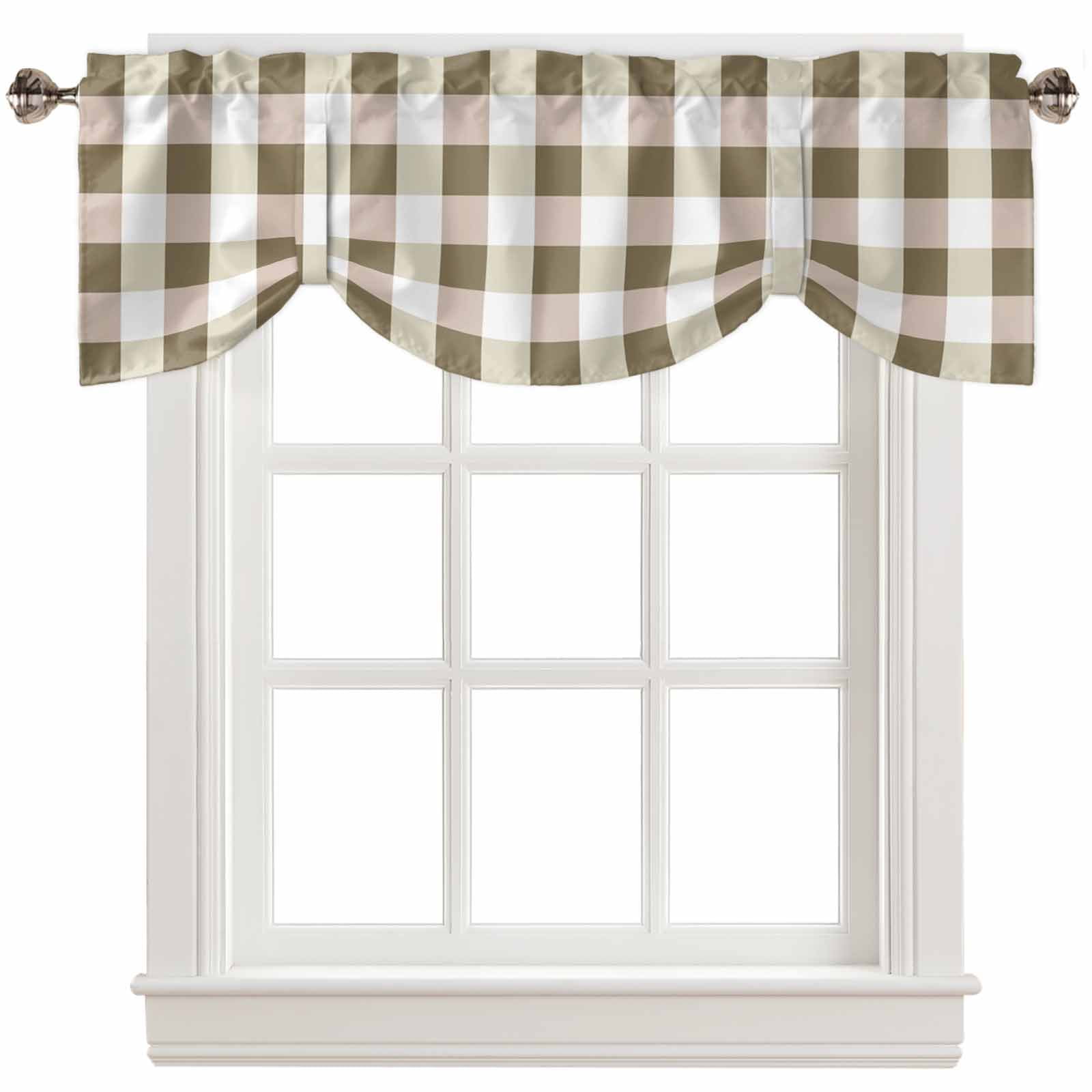 Fsddascl Brown Plaid Tie Up Valance Curtains for Windows, Kitchen ...