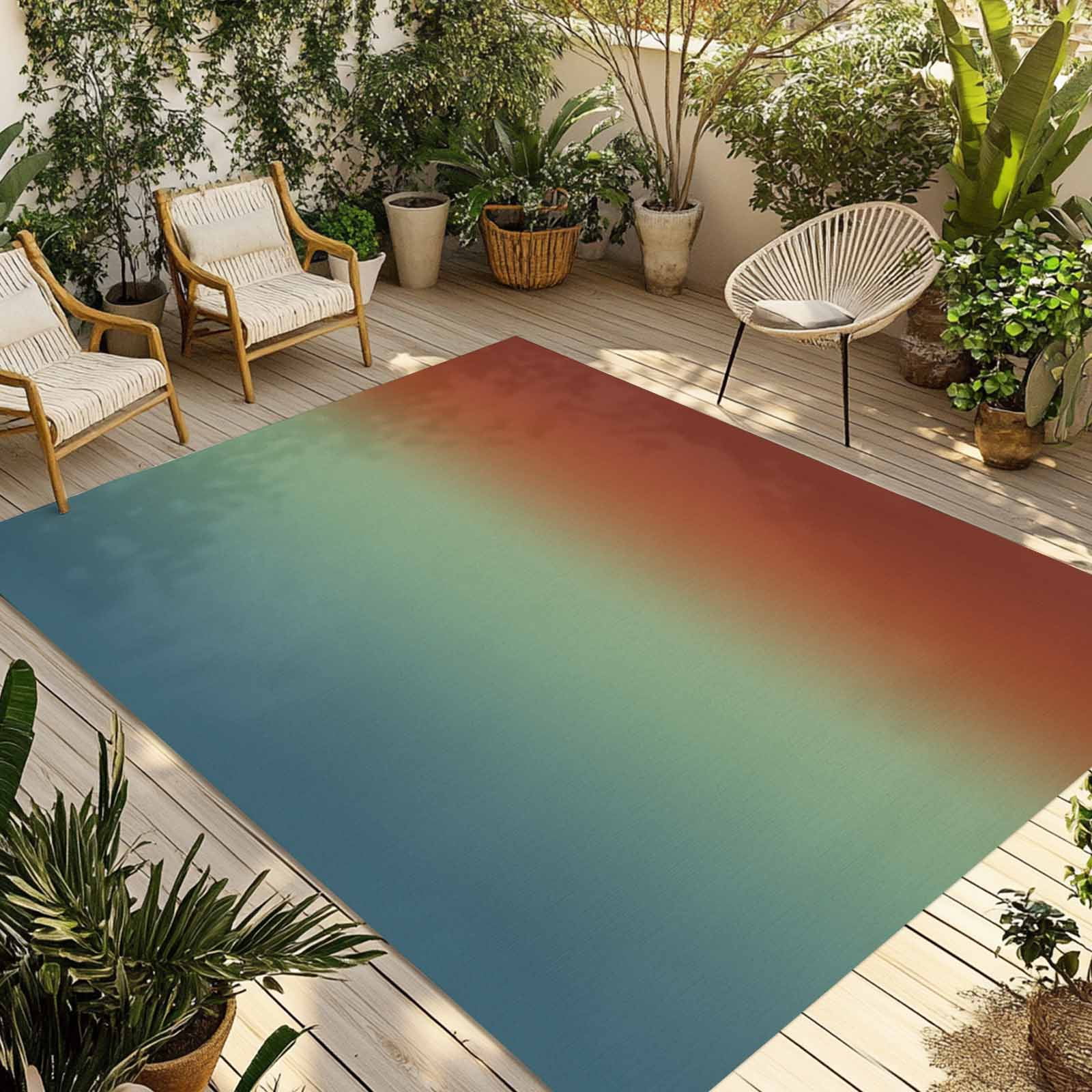Fsddascl Burnt Orange Teal Ombre Outdoor Rug for Patio/Deck/Porch, Non ...