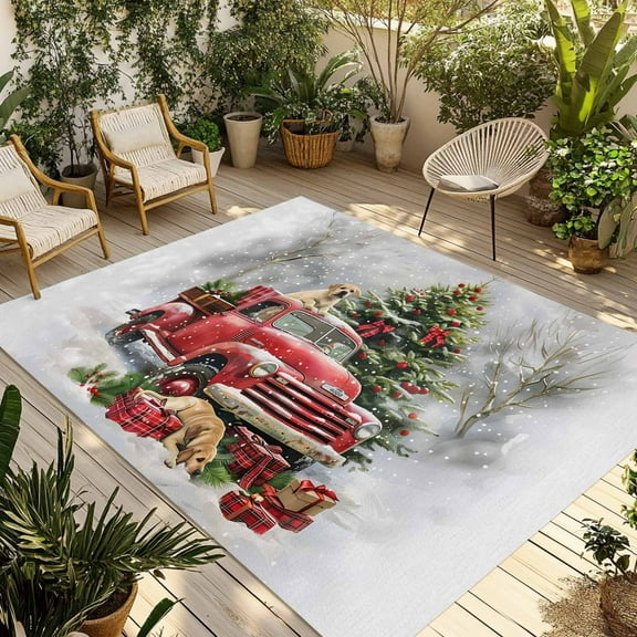 Christmas Balls Outdoor Rug, Xmas Poinsettia Fir Leaf Berries Large ...