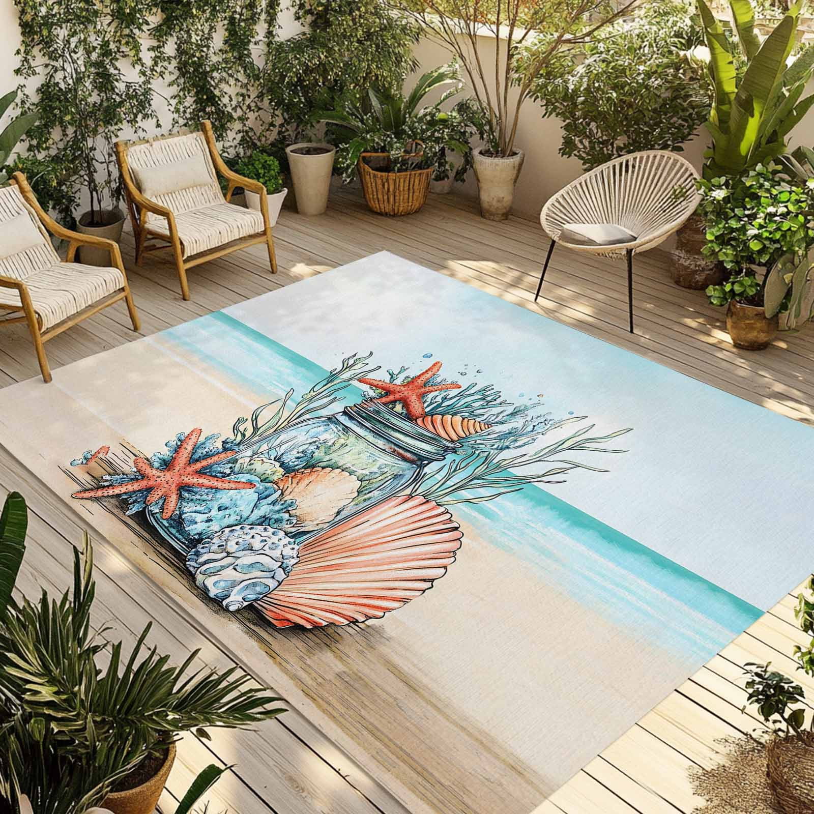 Fsddascl Coastal Beach Outdoor Rug for Patio/Deck/Porch, Non-Slip Large ...