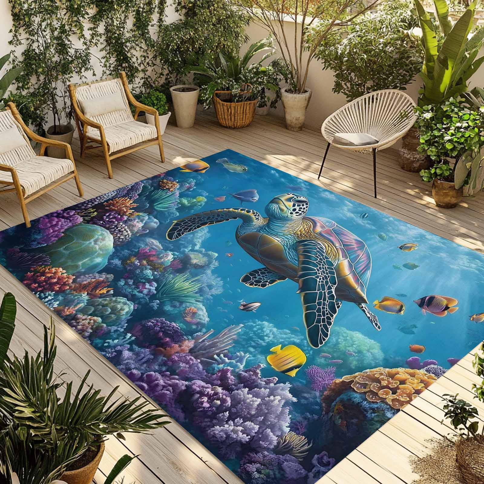 Fsddascl Coastal Blue Turtle Outdoor Rug for Patio/Deck/Porch, Non-Slip ...