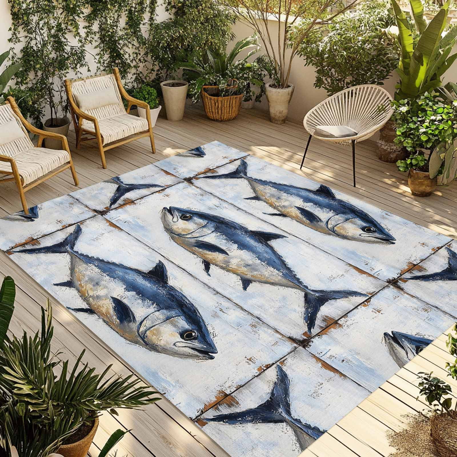 Fsddascl Coastal Fish Outdoor Rug for Patio/Deck/Porch, Non-Slip Large ...