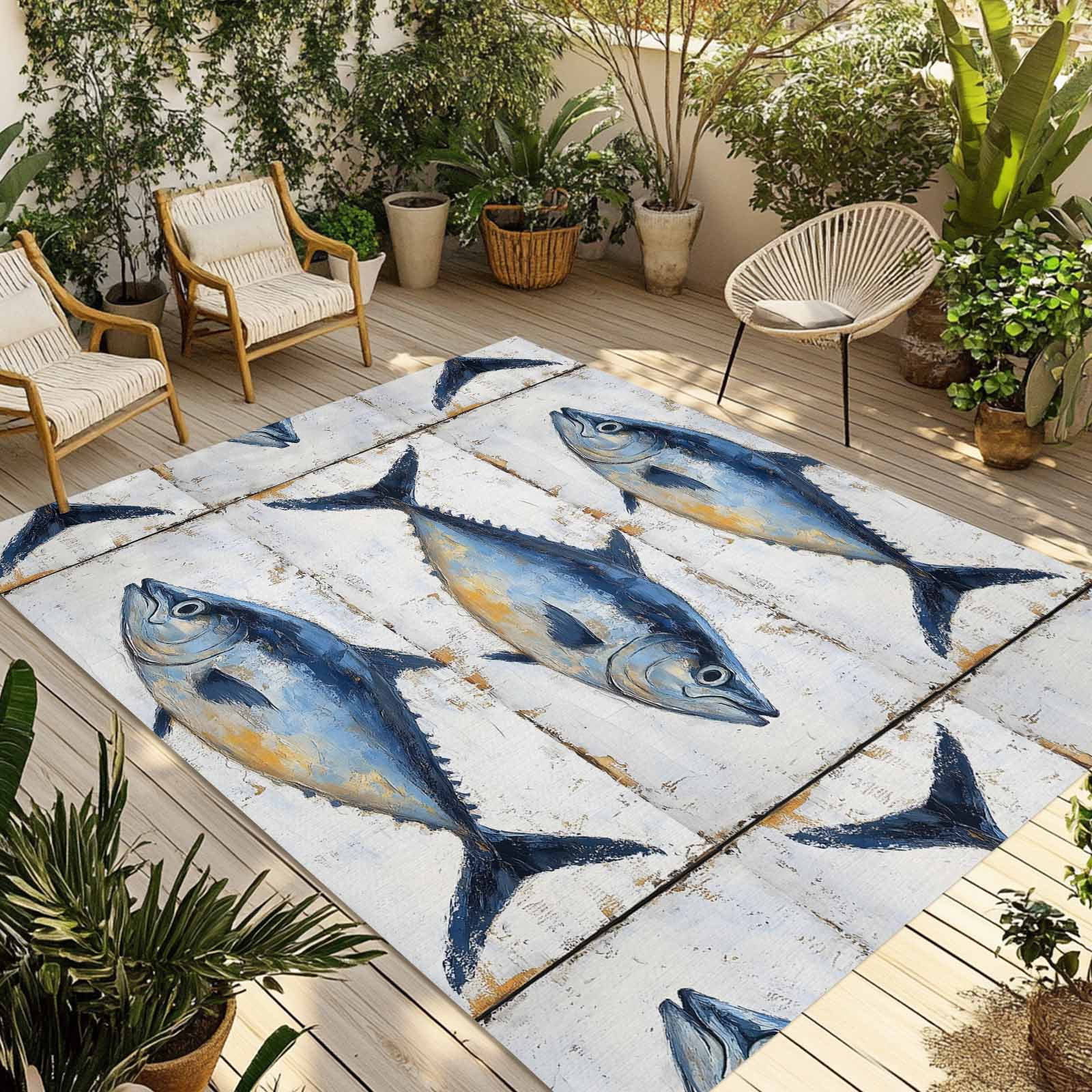 Fsddascl Coastal Fish Outdoor Rug for Patio/Deck/Porch, Non-Slip Large ...