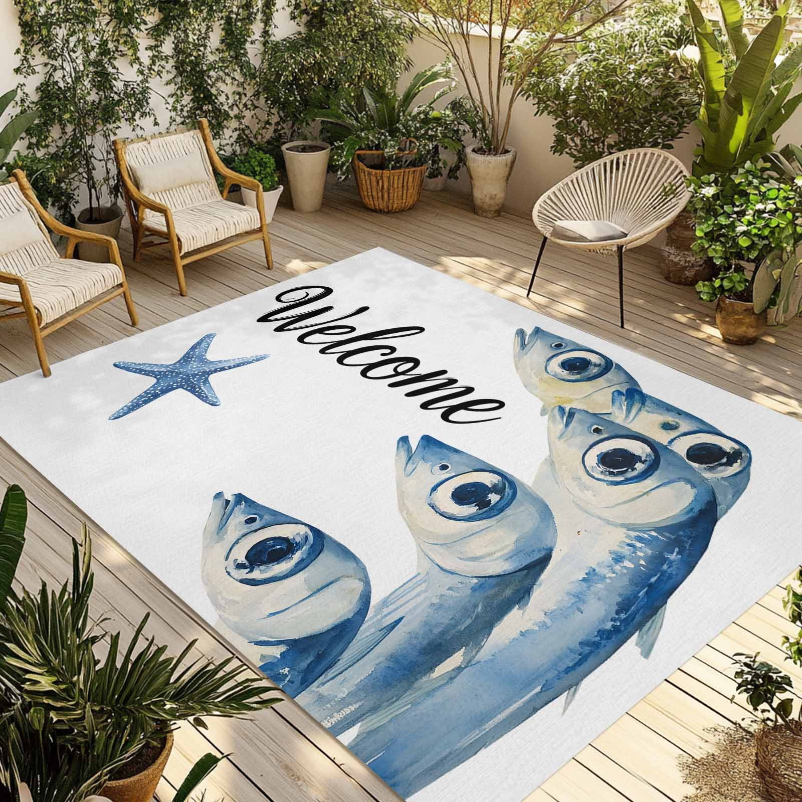 Fsddascl Coastal Fish Outdoor Rug for Patio/Deck/Porch, Non-Slip Large ...